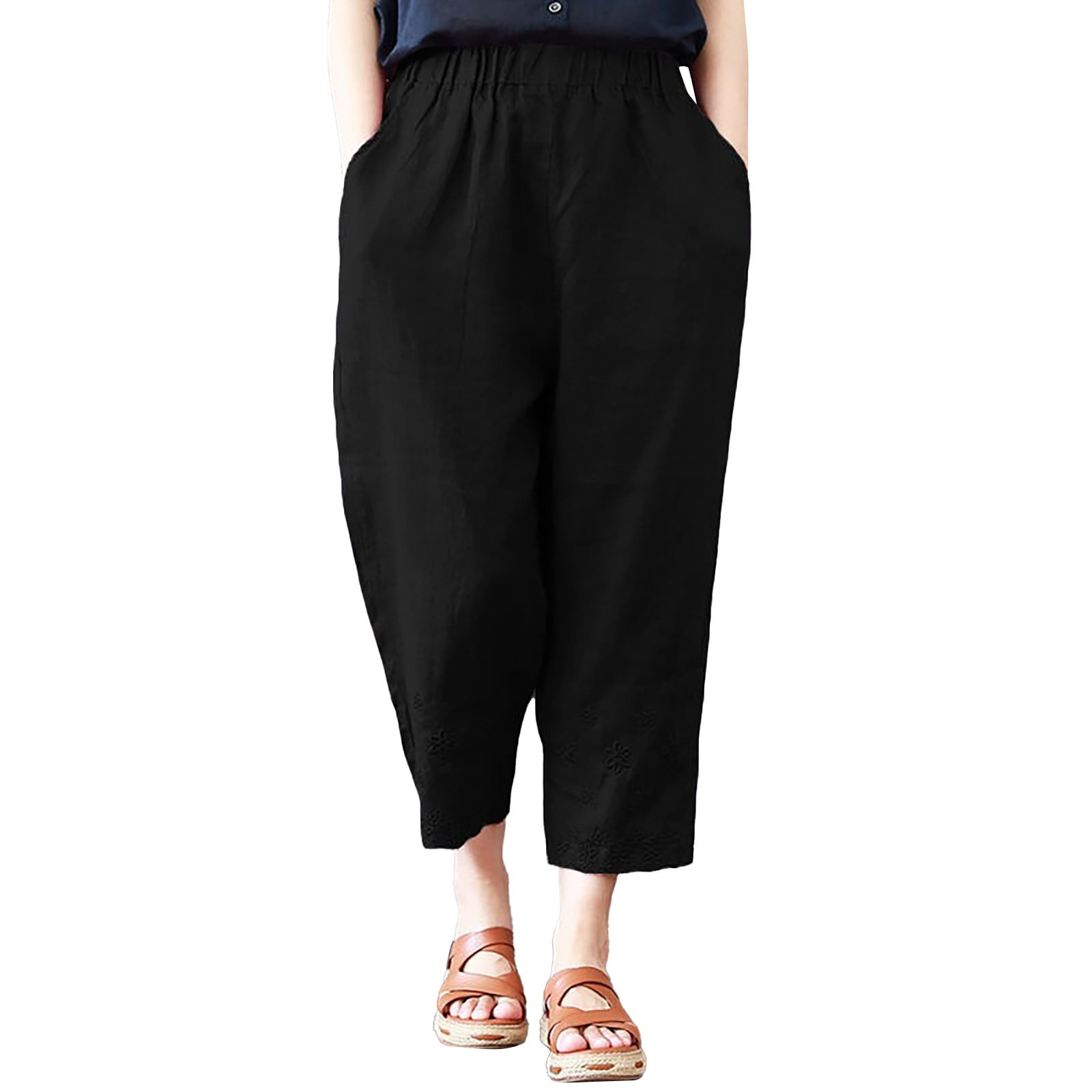 Womens Casual Pants Print Elastic Waist Loose Leggings Pencil Harem ...