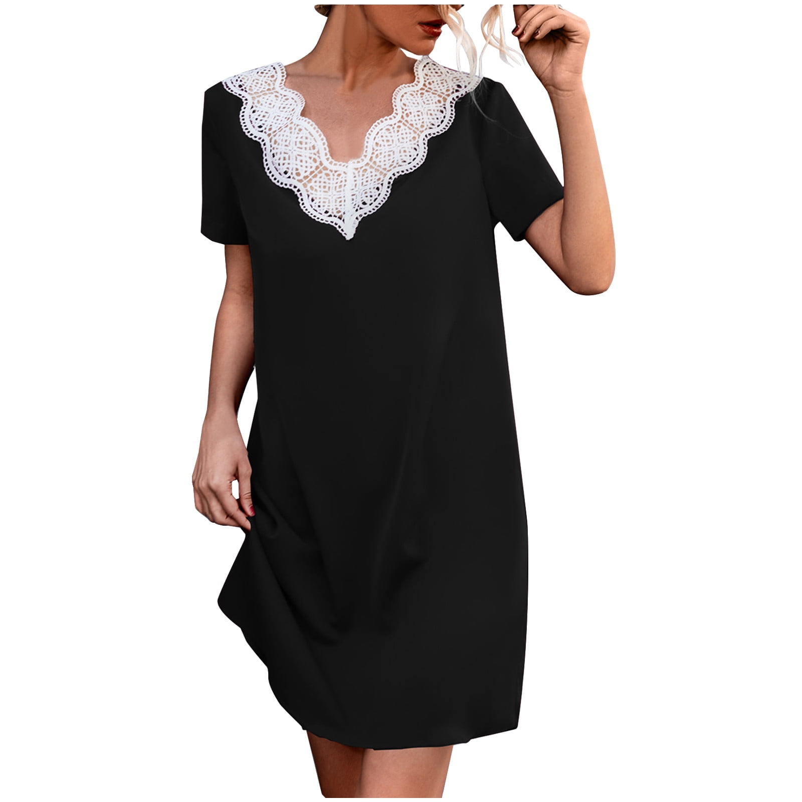 Womens Casual Short Sleeve Solid V Neck Lace Patchwork Dress Summer ...