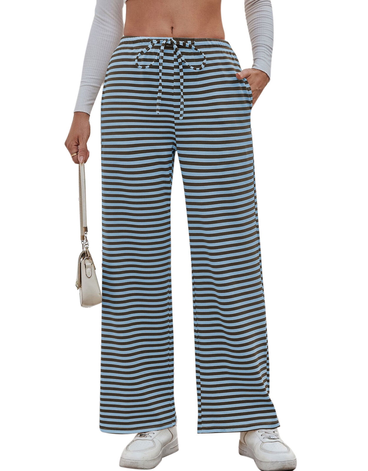 Womens Casual Striped Wide Leg Pants Drawstring Elastic Waist Y2K ...
