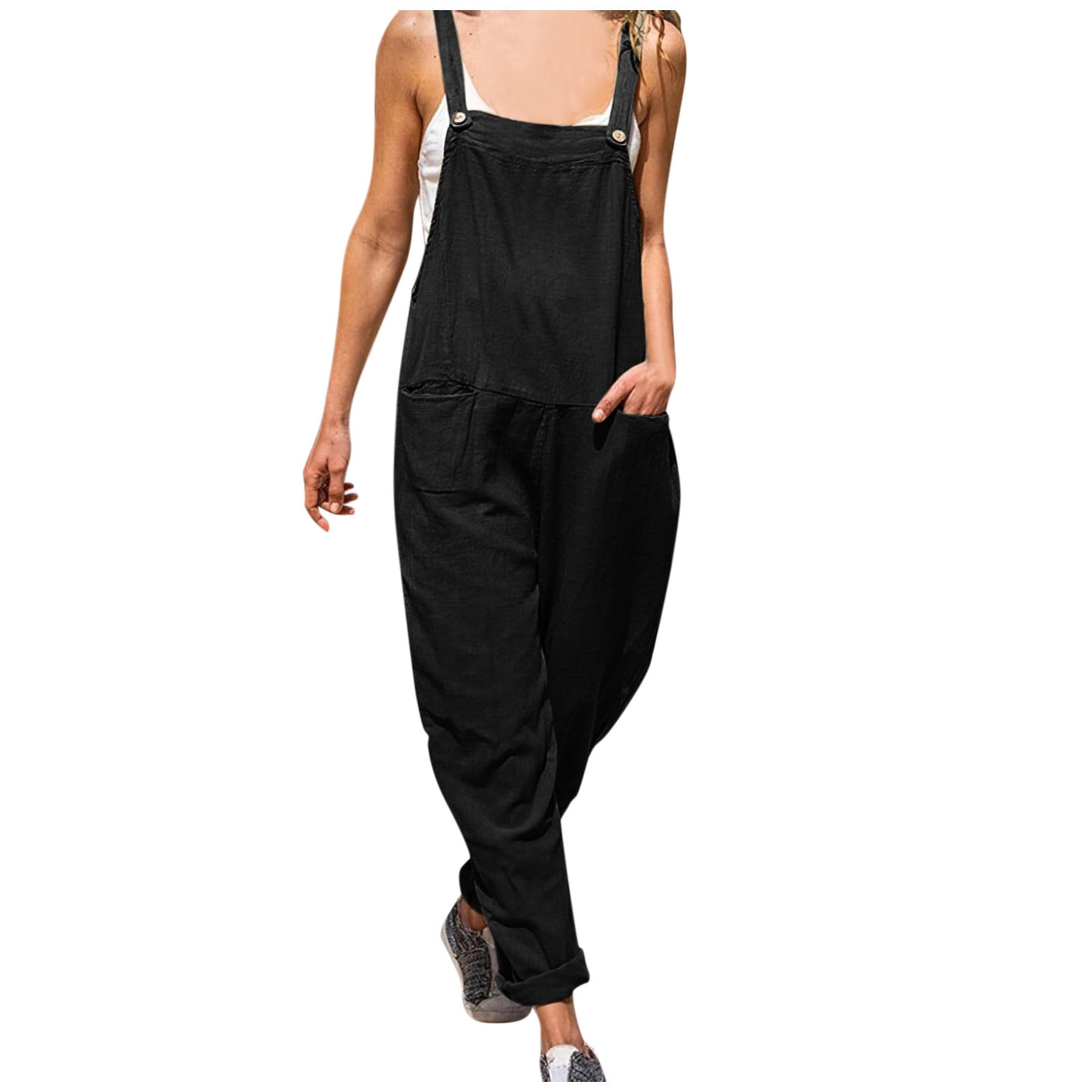 Womens Casual Style Loose Overalls Cotton Wide Cut With Pockets Wide ...