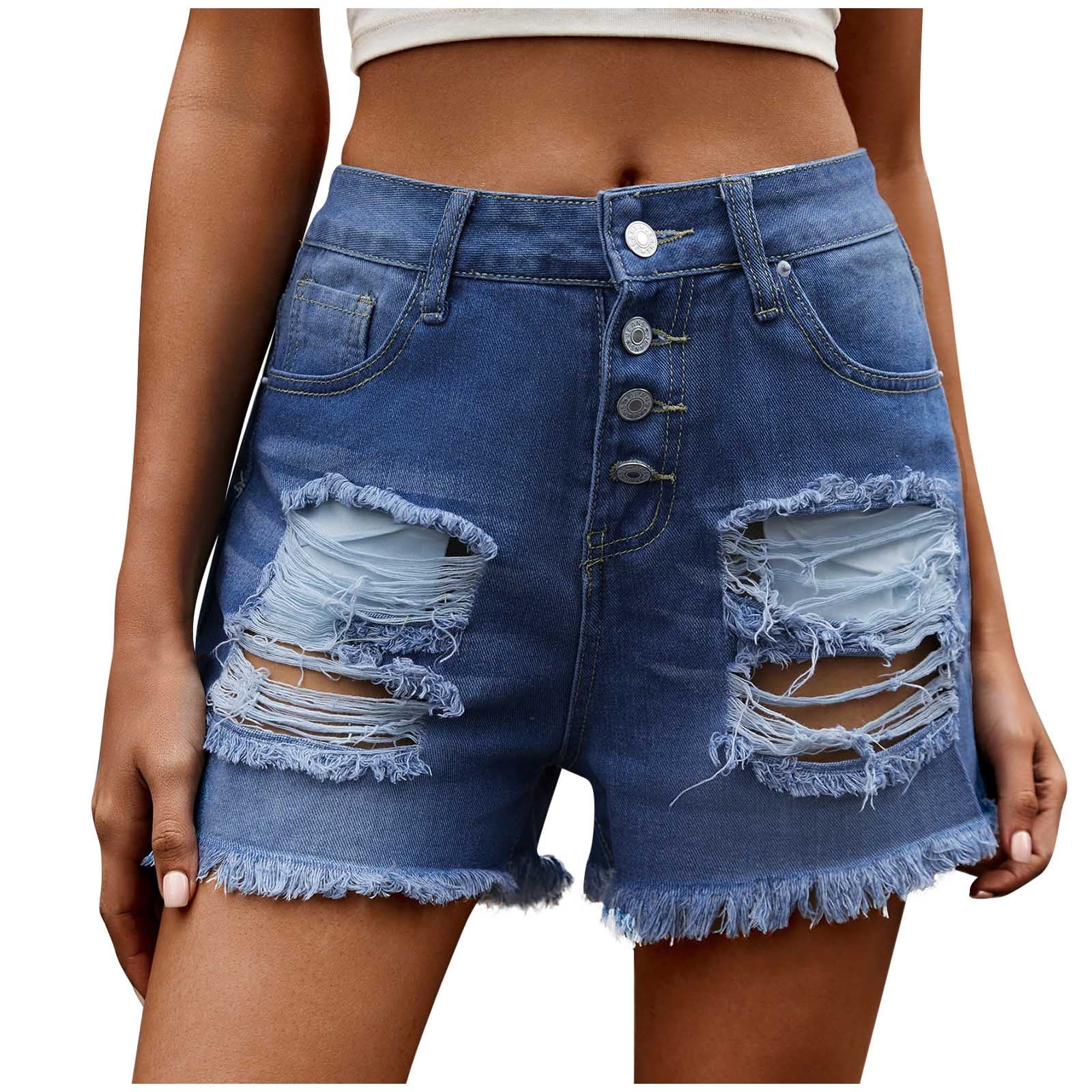 Womens Casual Summer Denim Shorts Button Zipper Mid Waist Stretchy Jean ...