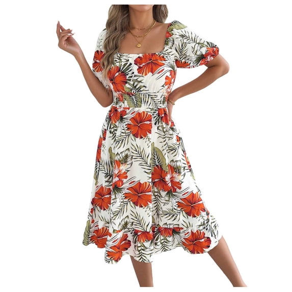 Womens Casual Summer Floral Midi Dress Puffy Short Sleeve Square Neck ...