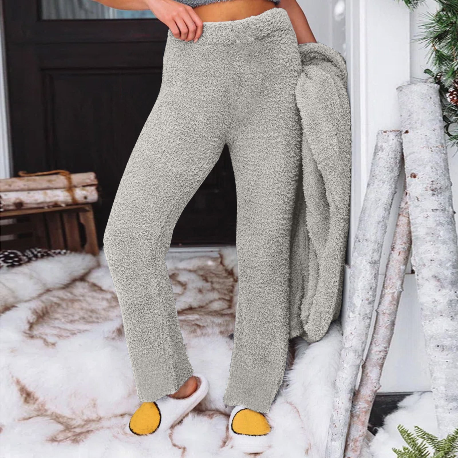 Womens Casual Sweatpants Elastic High Waist Solid Color Thermal Full ...