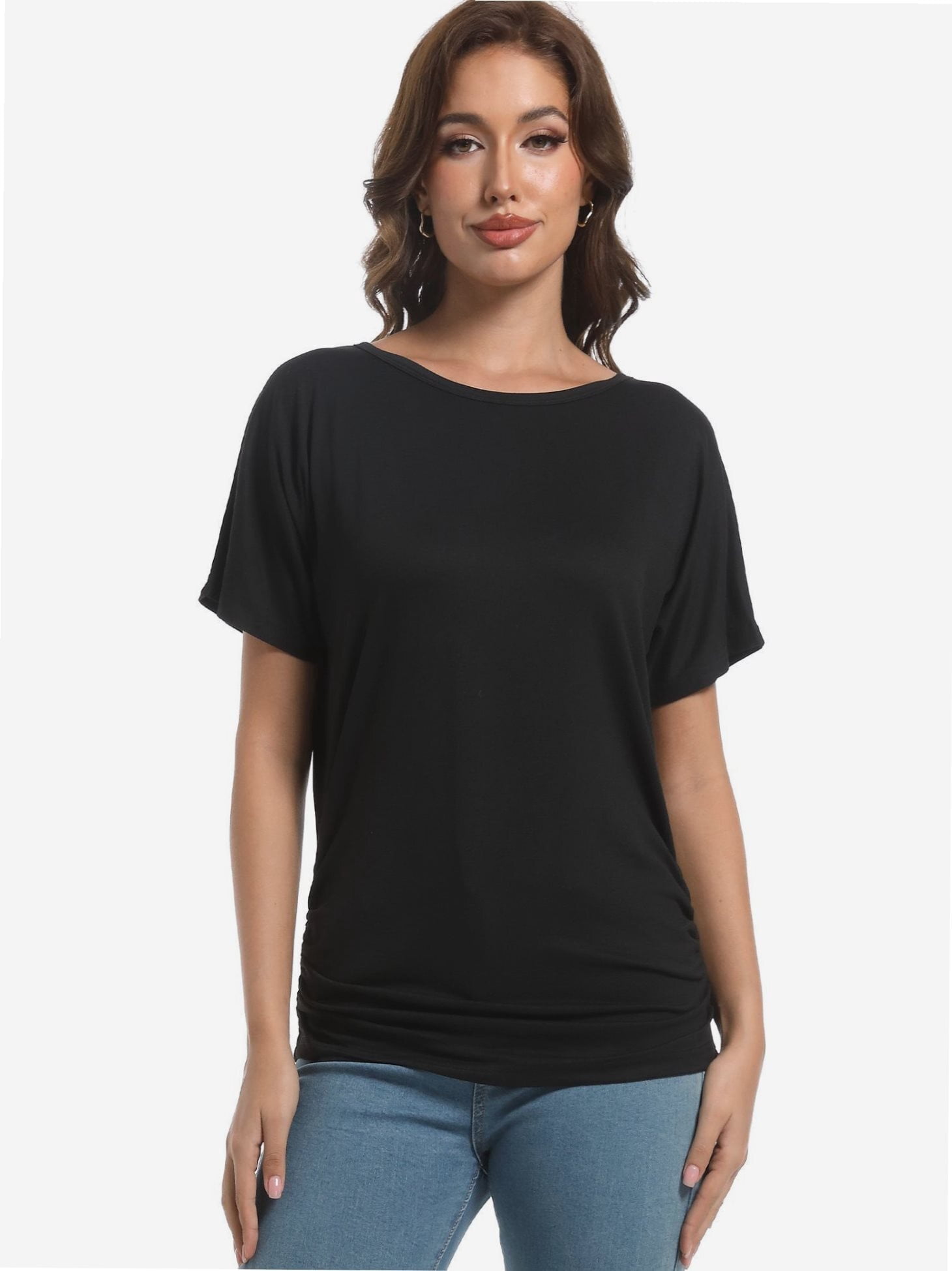 Womens Casual T Shirts Dolman Short Sleeve Shirts Boat Neck Ruched Tops ...