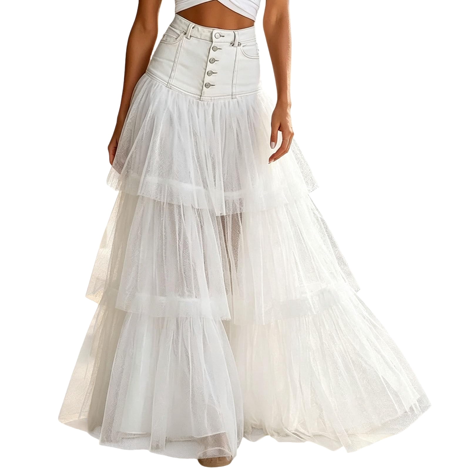 Womens Casual Tiered Mesh Maxi Skirt High Waist Button Front Denim ...