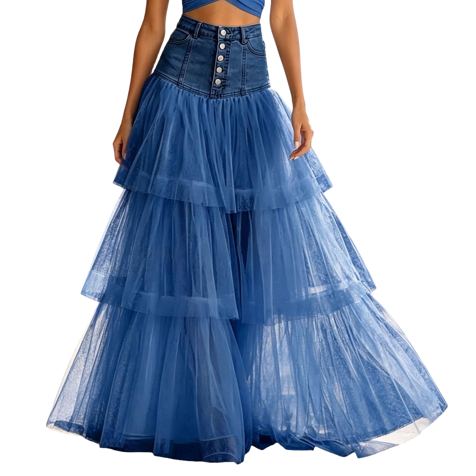 Womens Casual Tiered Mesh Maxi Skirt High Waist Button Front Denim ...