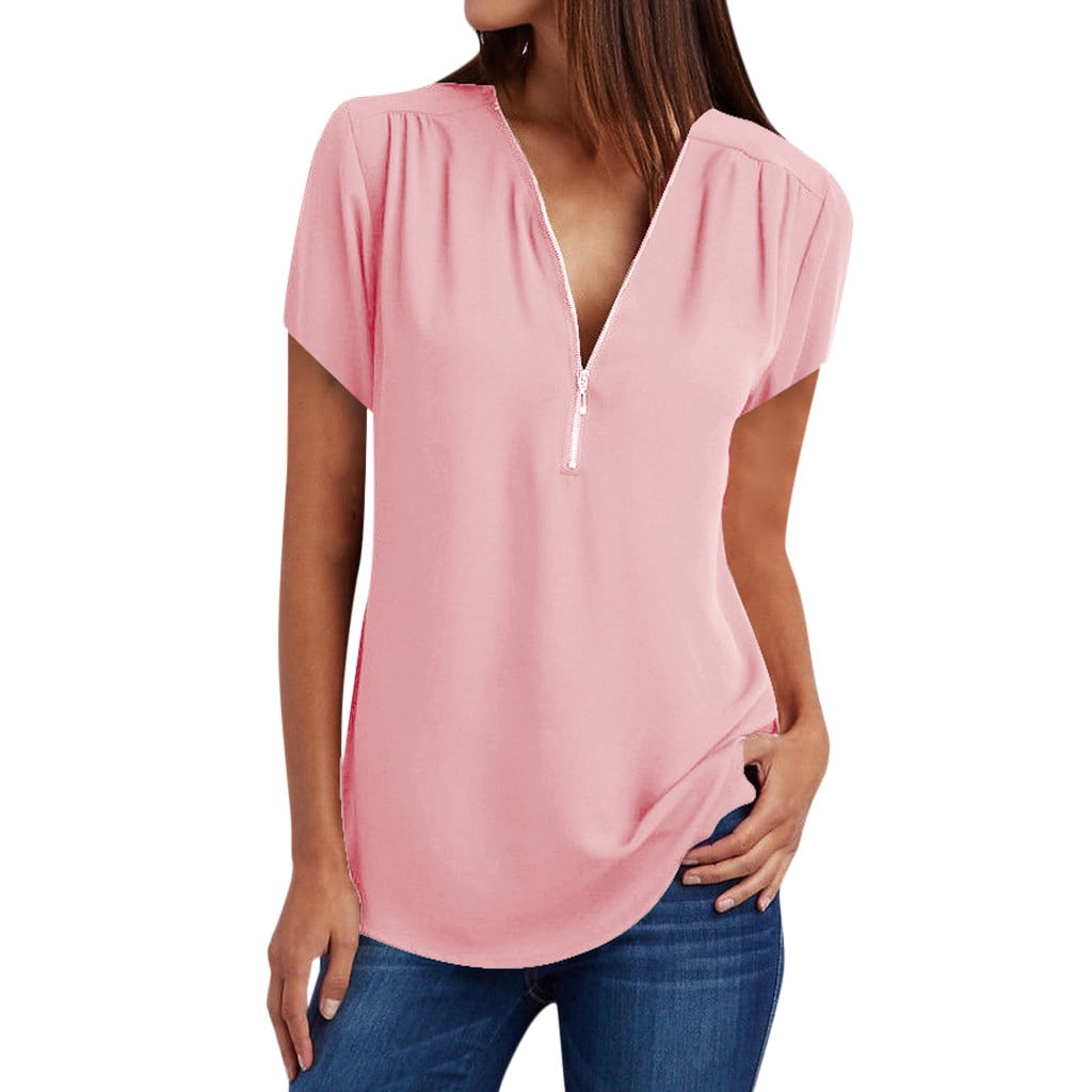 Womens Casual Tops Shirt Ladies V Neck Zipper Loose T Shirt Blouse Tee