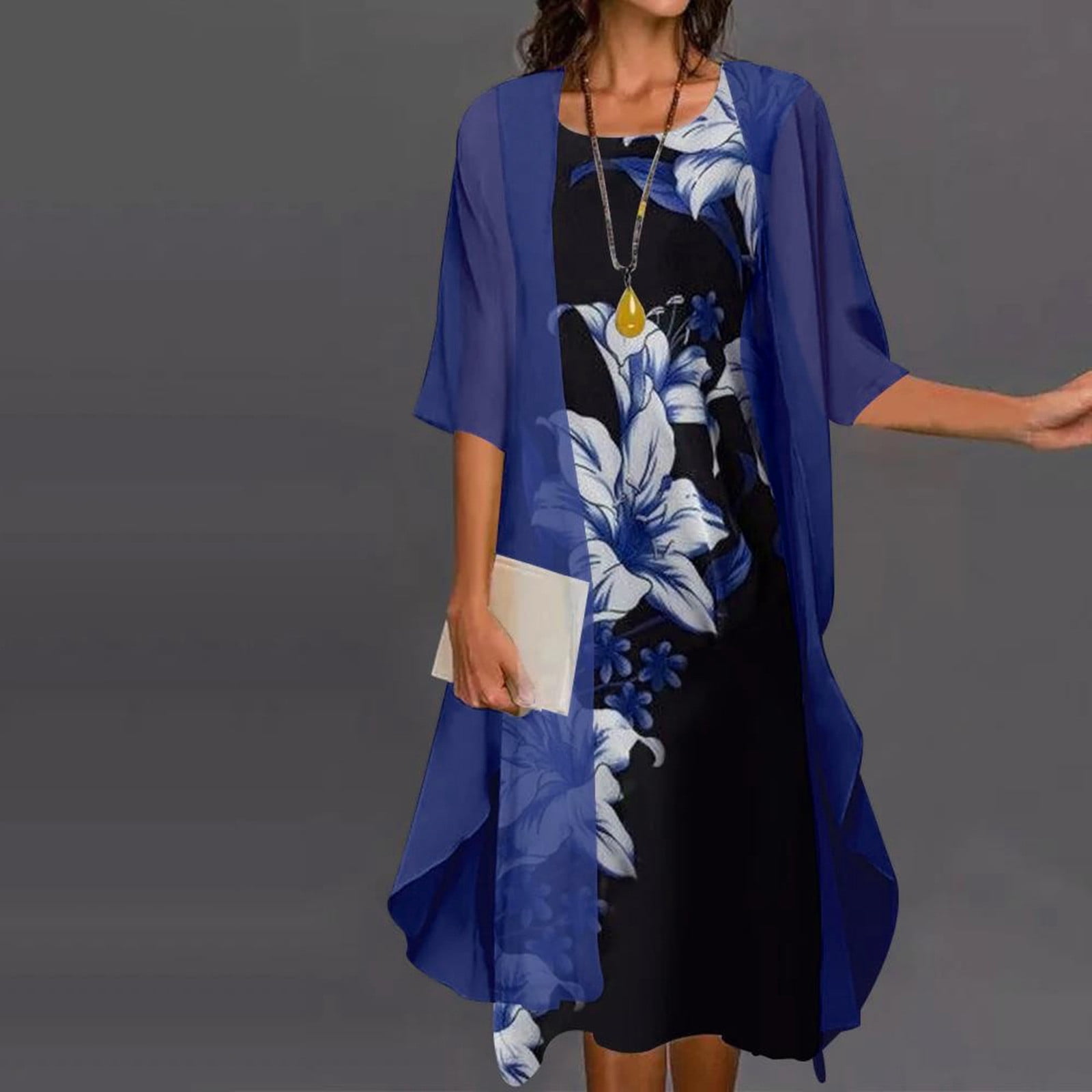 Womens Casual Two-Piece Set Floral Print Maxi Dress with Cardigan ...