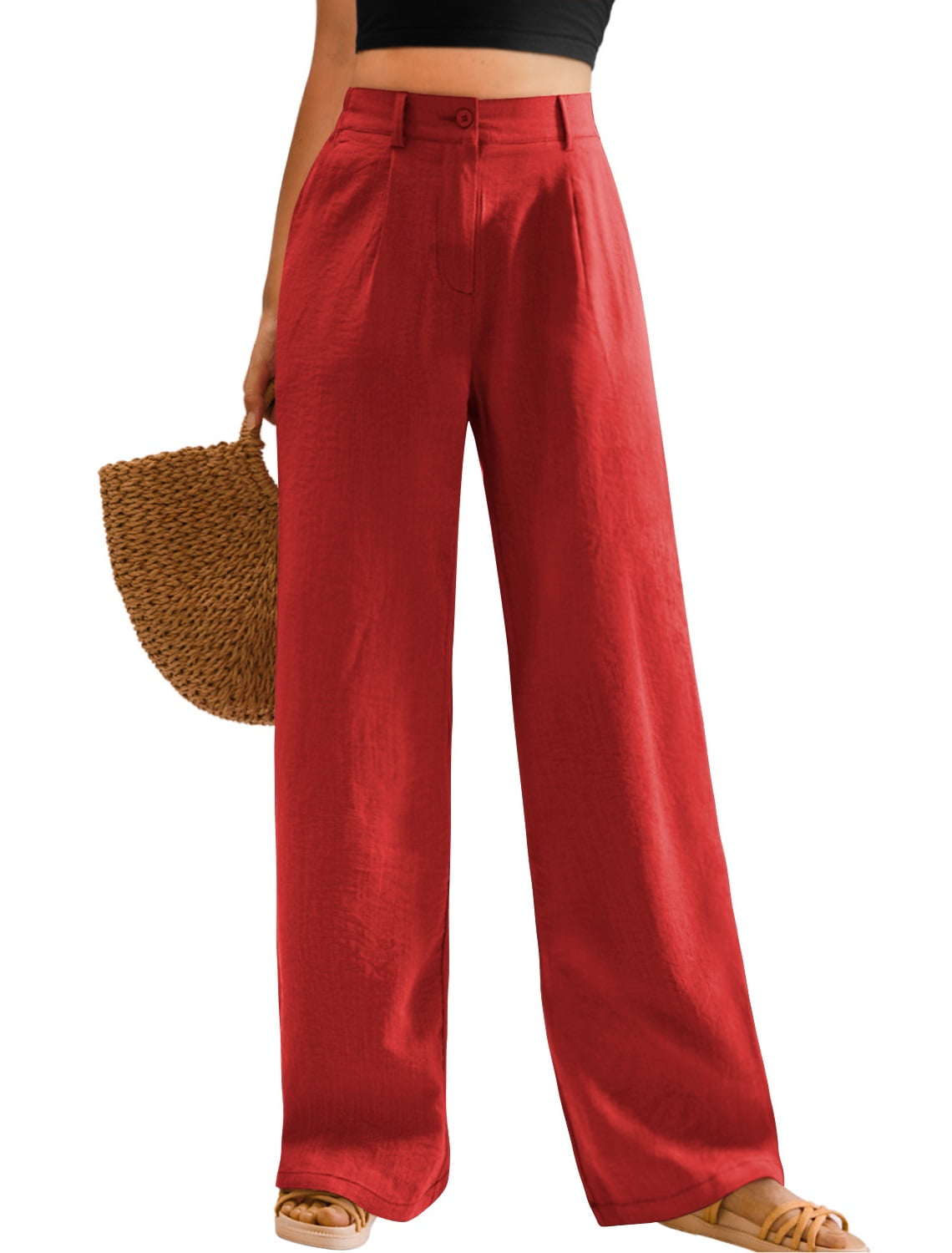 Womens Casual Wide Leg Pants High Waisted Button Down Straight Long ...