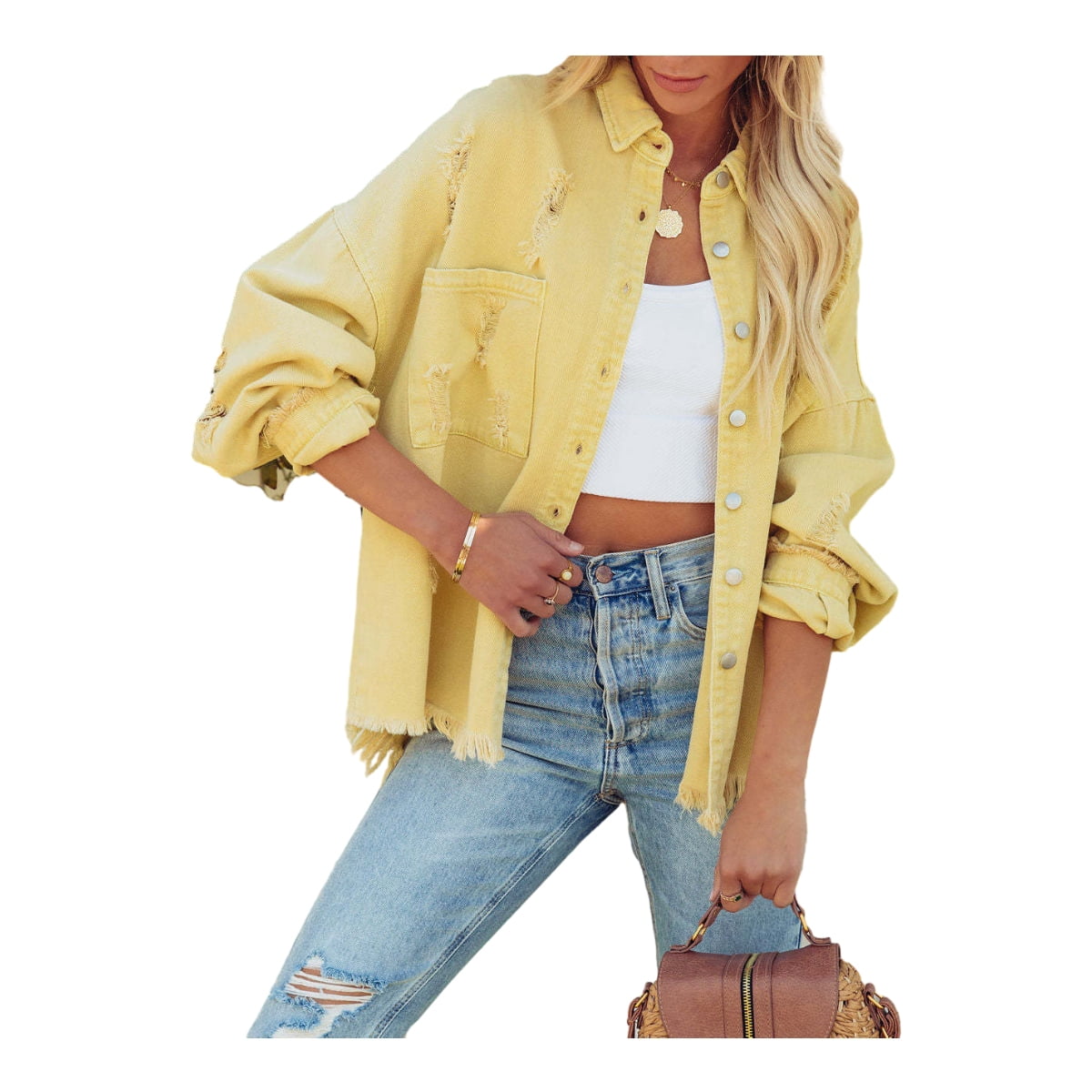 Womens Causal Oversized Soft Lightweight Distressed Jean Jacket Ripped ...