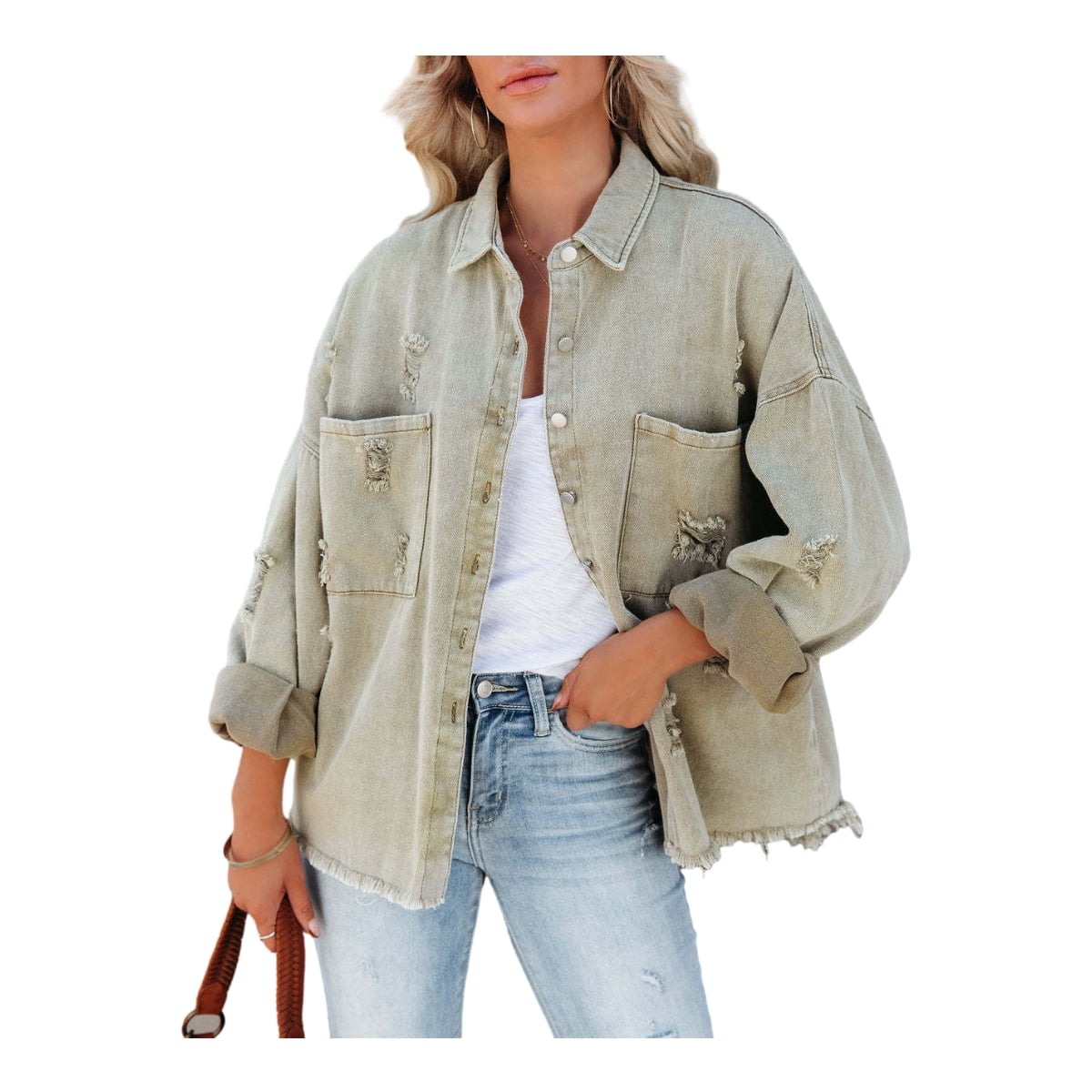 Womens Causal Oversized Soft Lightweight Distressed Jean Ripped Fringe ...