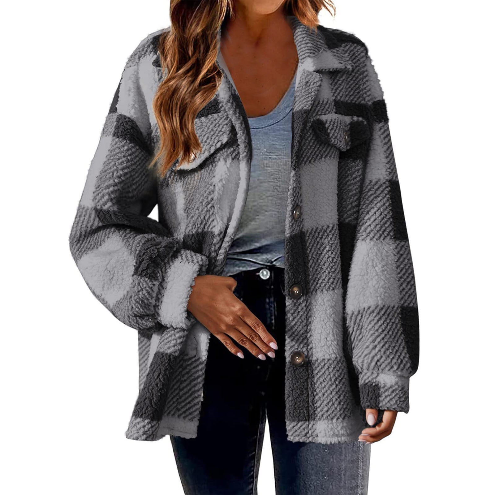 Womens Check Fleece Casual Jacket Shacket Women Long Sleeve Top Shirt ...