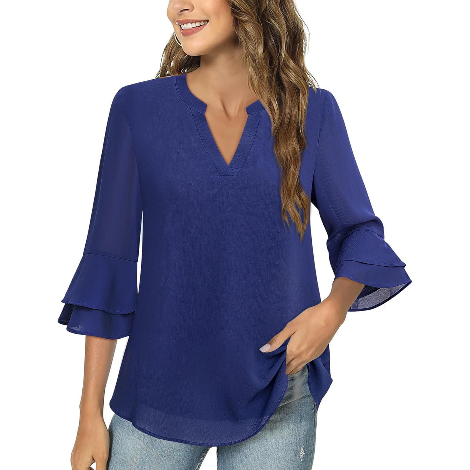 Womens Chiffon Blouse Dressy Casual 3/4 Ruffled Sleeve Tunic Tops Solid ...