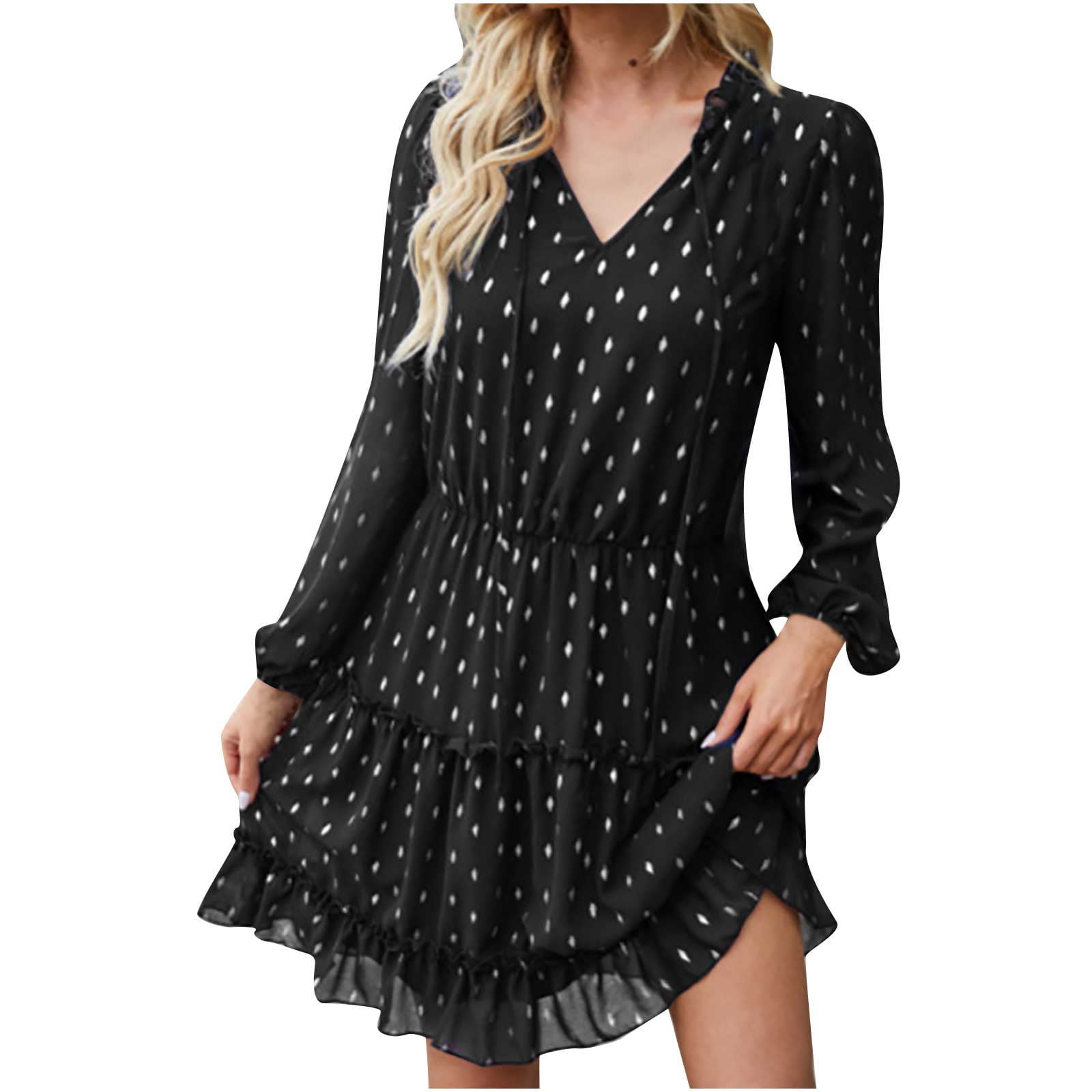Womens Chiffon Dresses Tie V Neck Printed Long Sleeve Dress Ruffled ...