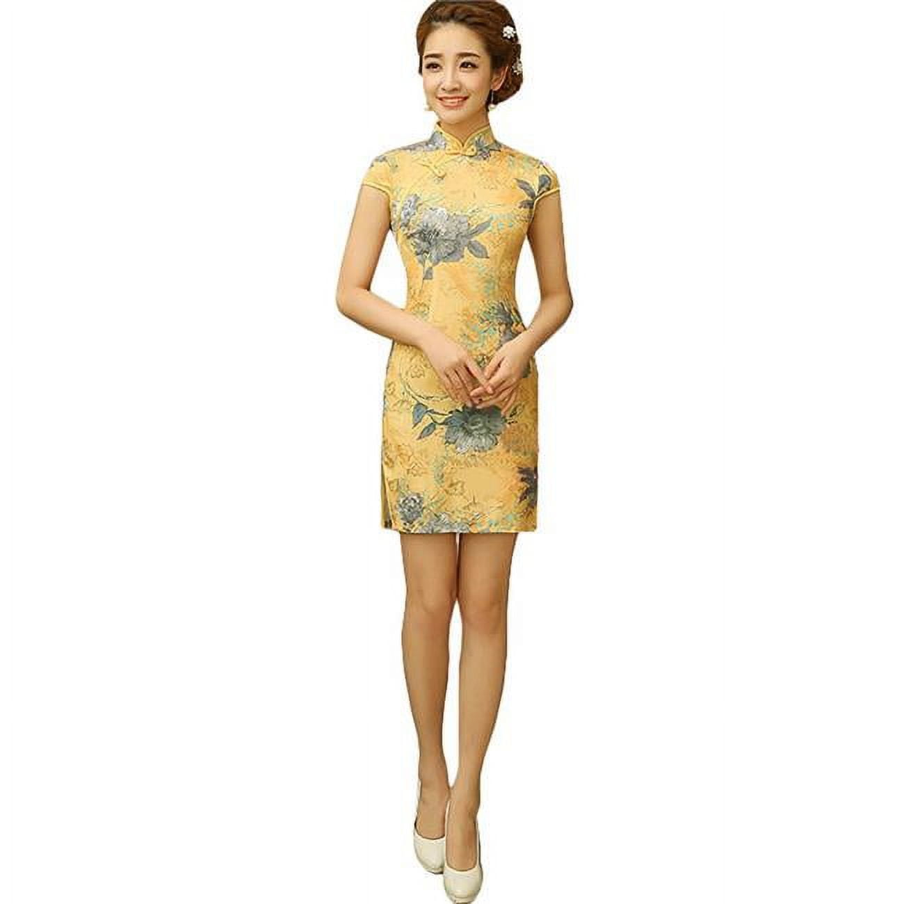 Womens Chinese Flowers Pattern Cheongsam Qipao Dress, Yellow - Large ...