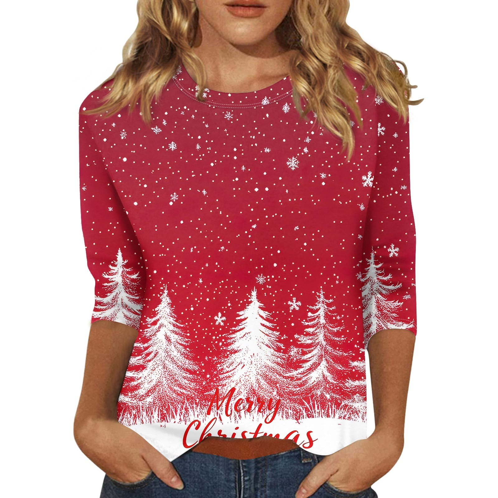 Womens Christmas Clothes 3/4 Sleeve Christmas T Shirts Party Tops ...