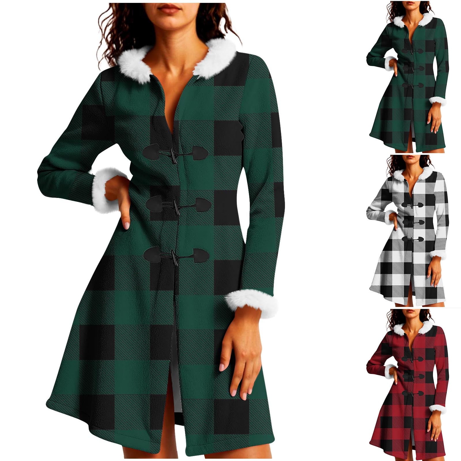 Womens Christmas Clothes Mid Length Flannel Duffel Coat Faux Furry ...