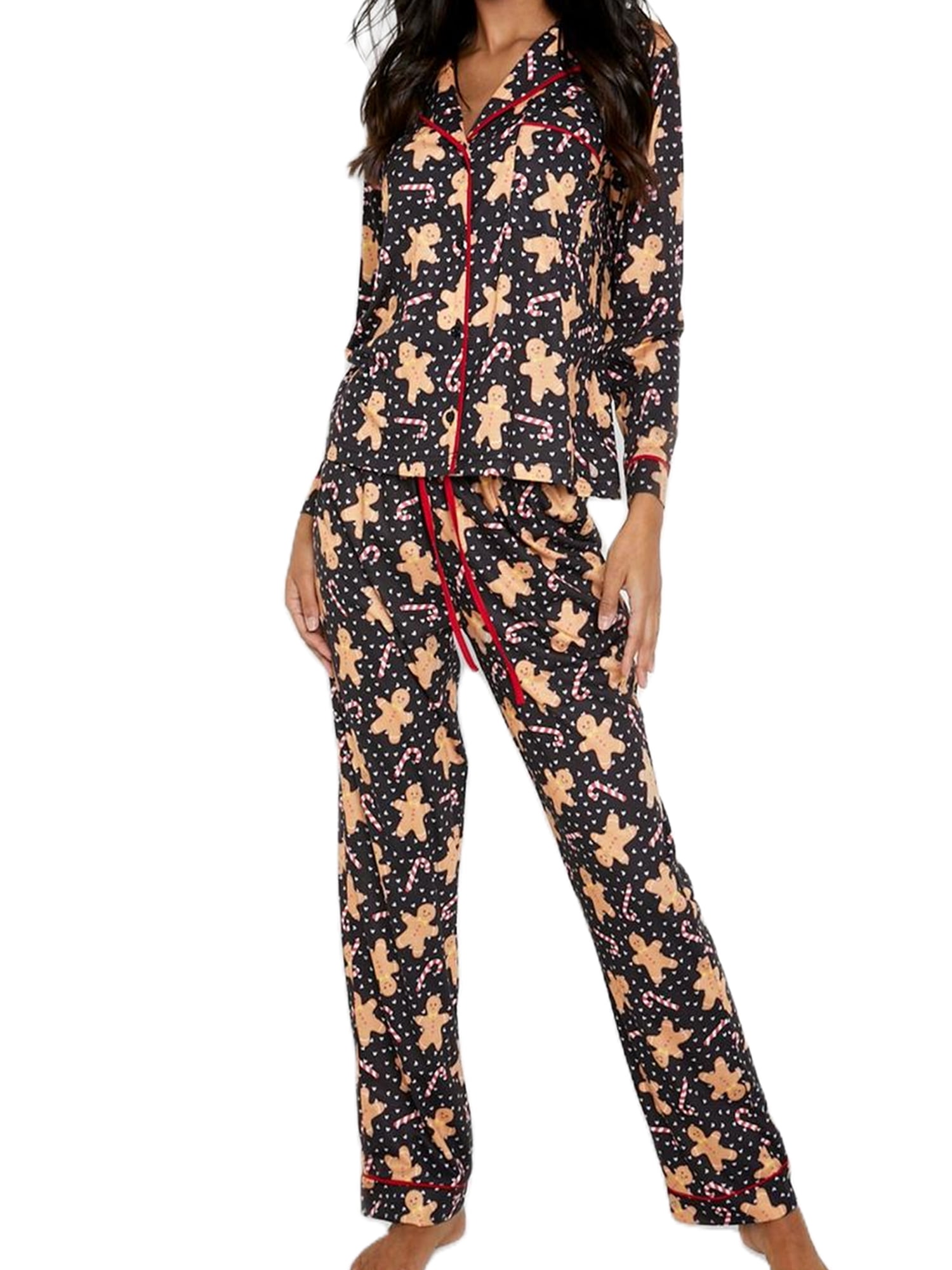Womens Christmas Gingerbread Man Printed Pajamas Set Long Sleeve Button ...