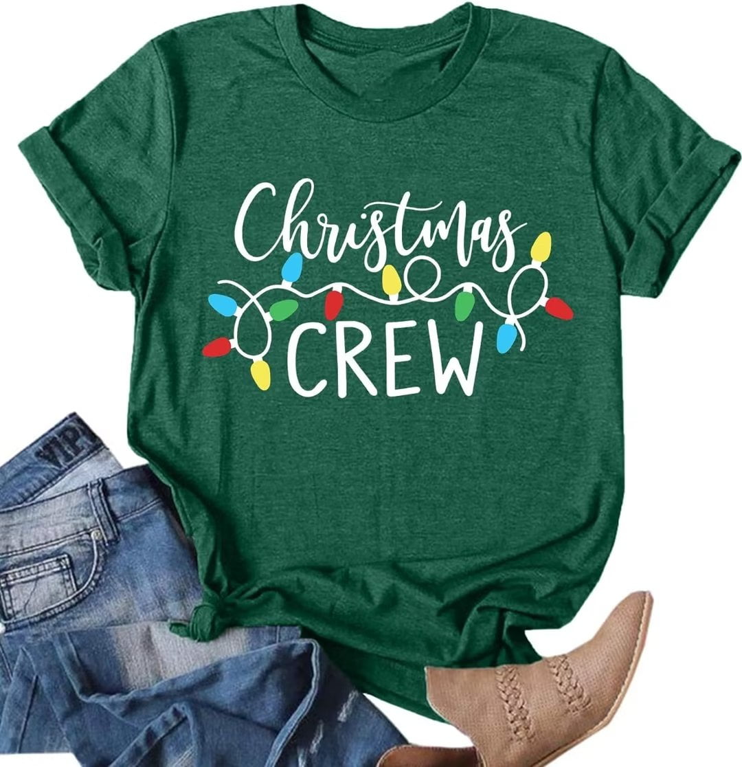 Beopjesk Womens Christmas Light Merry And Bright T-Shirt, Short Sleeve, Plaid, Comfortable ...