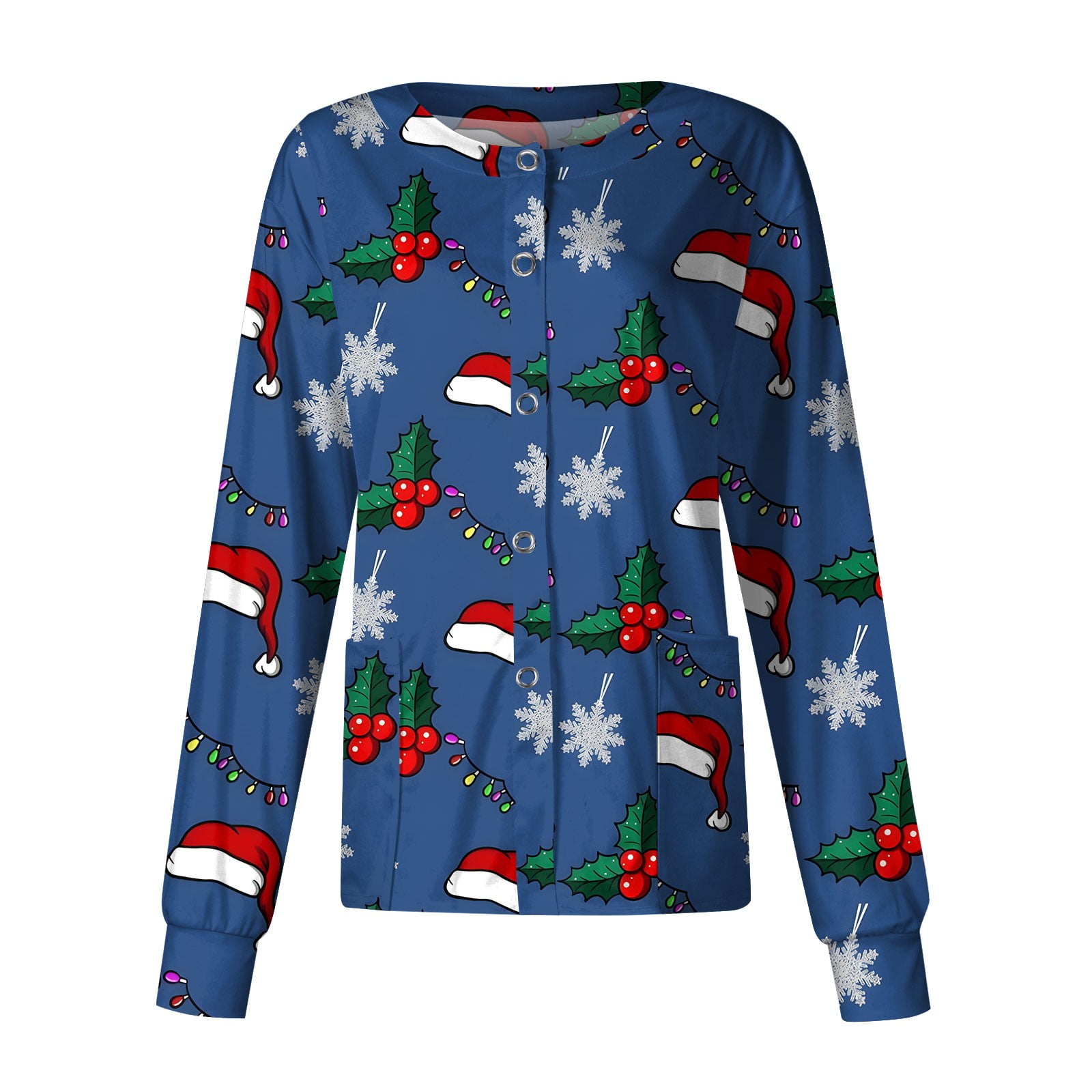 Womens Christmas Scrub Jackets Button Down Santa Tree Print Long Sleeve ...