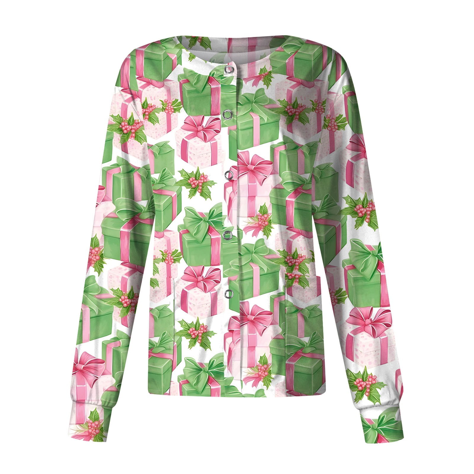 Womens Christmas Scrub Jackets Long Sleeve Button Down Snowflake Tree ...