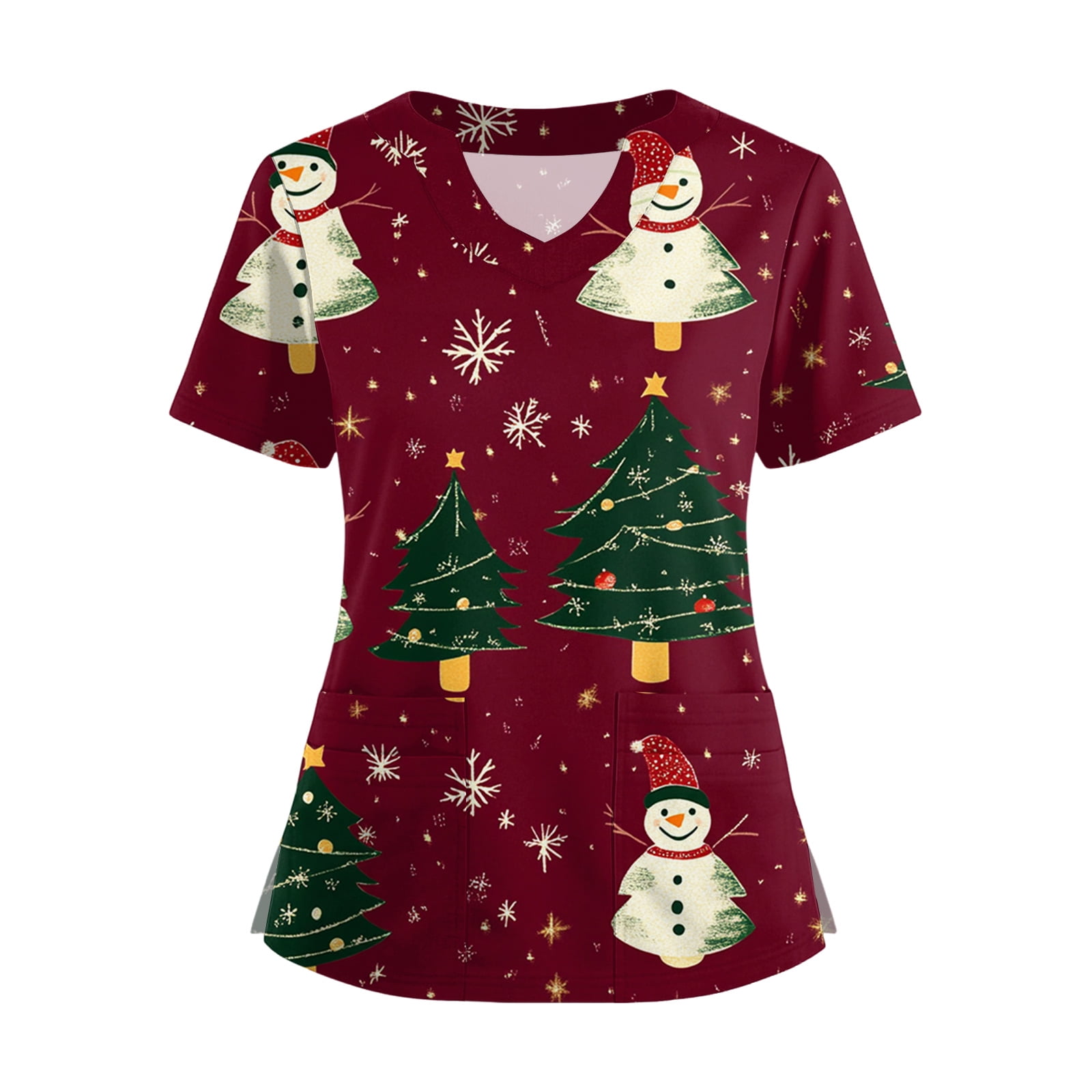 Womens Christmas Scrub Top Cute Xmas Printed V-Neck Scrub Top Medical ...