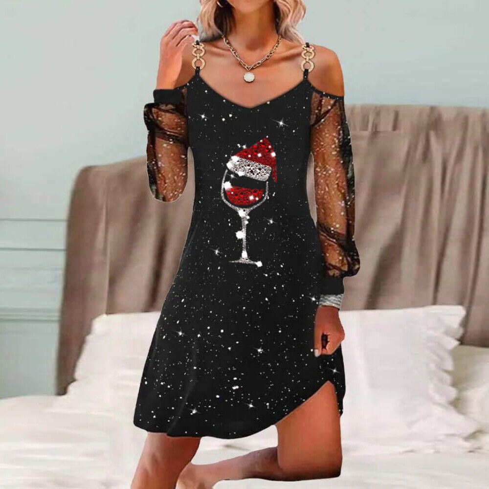 Womens Christmas Sexy Mesh Mini Dress Cold Shoulder Wine Glass Print ...