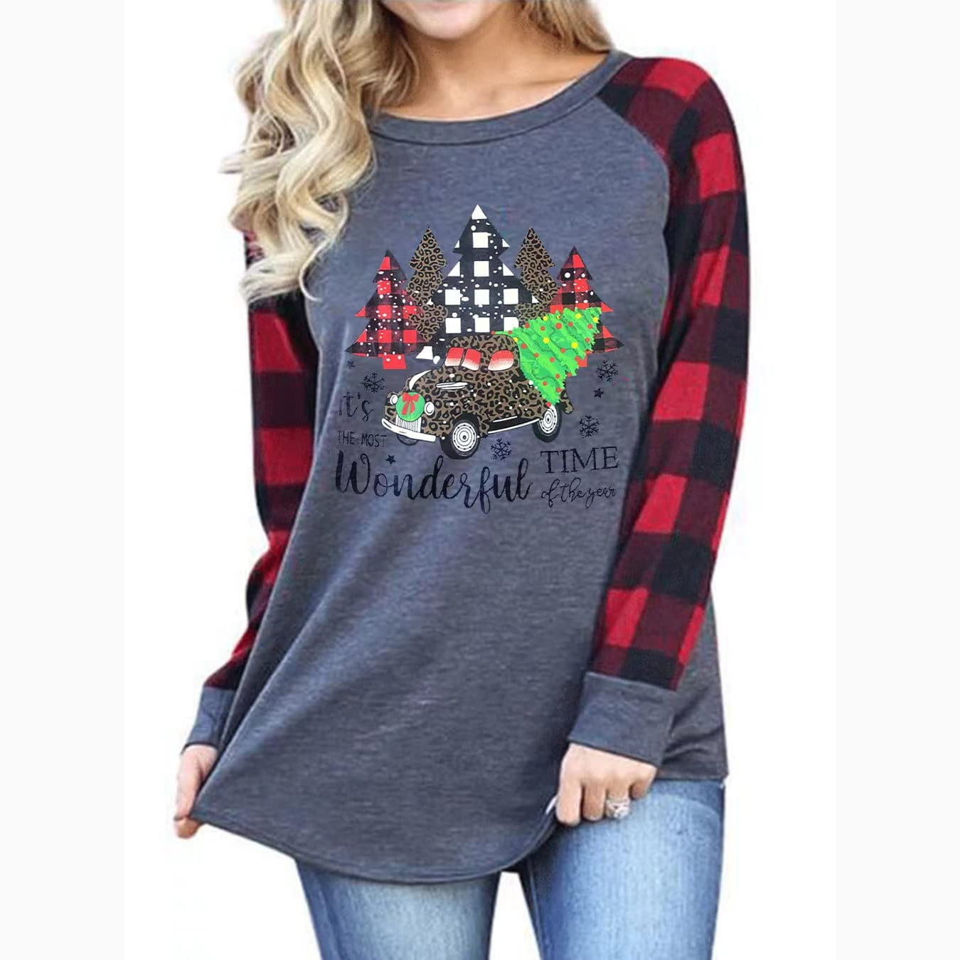 Womens Christmas Shirt Long Sleeve Plaid Sweatshirt Tops Loose ...