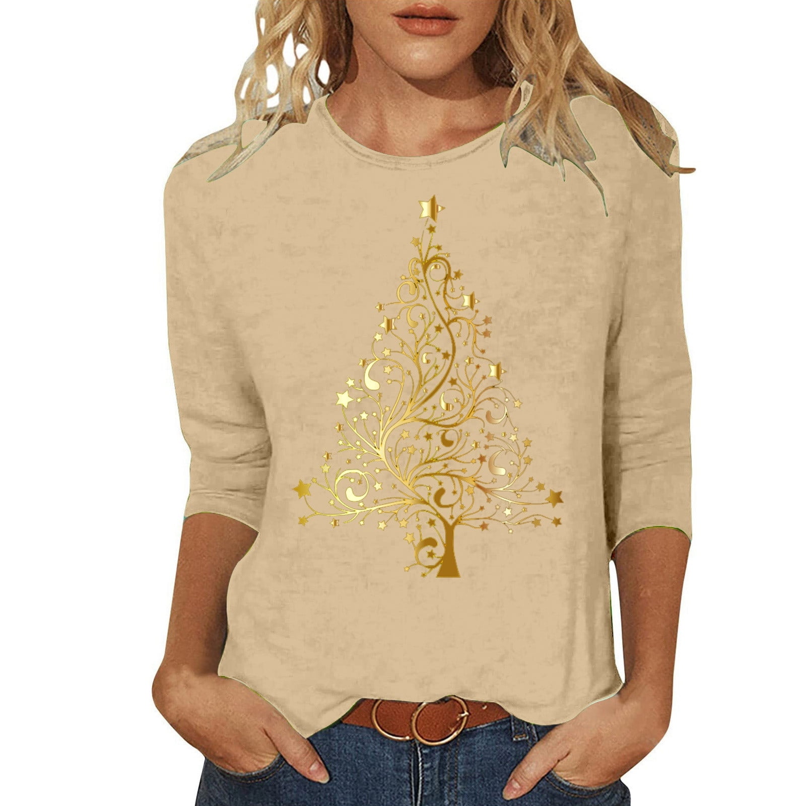 Womens Christmas Shirts Tops 3/4 Sleeve Christmas Tree Crewneck Santa ...
