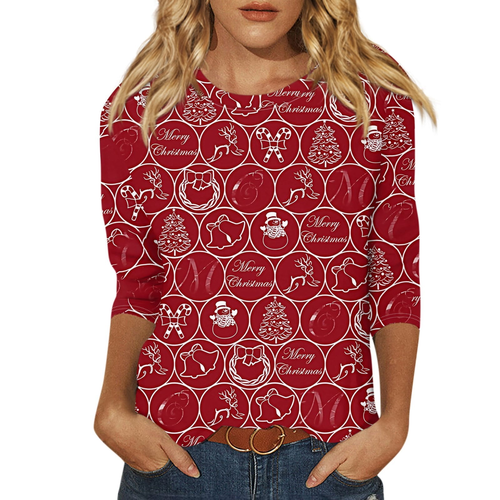 Womens Christmas T-Shirts Dressy Casual 3/4 Length Sleeve Womens Tops ...