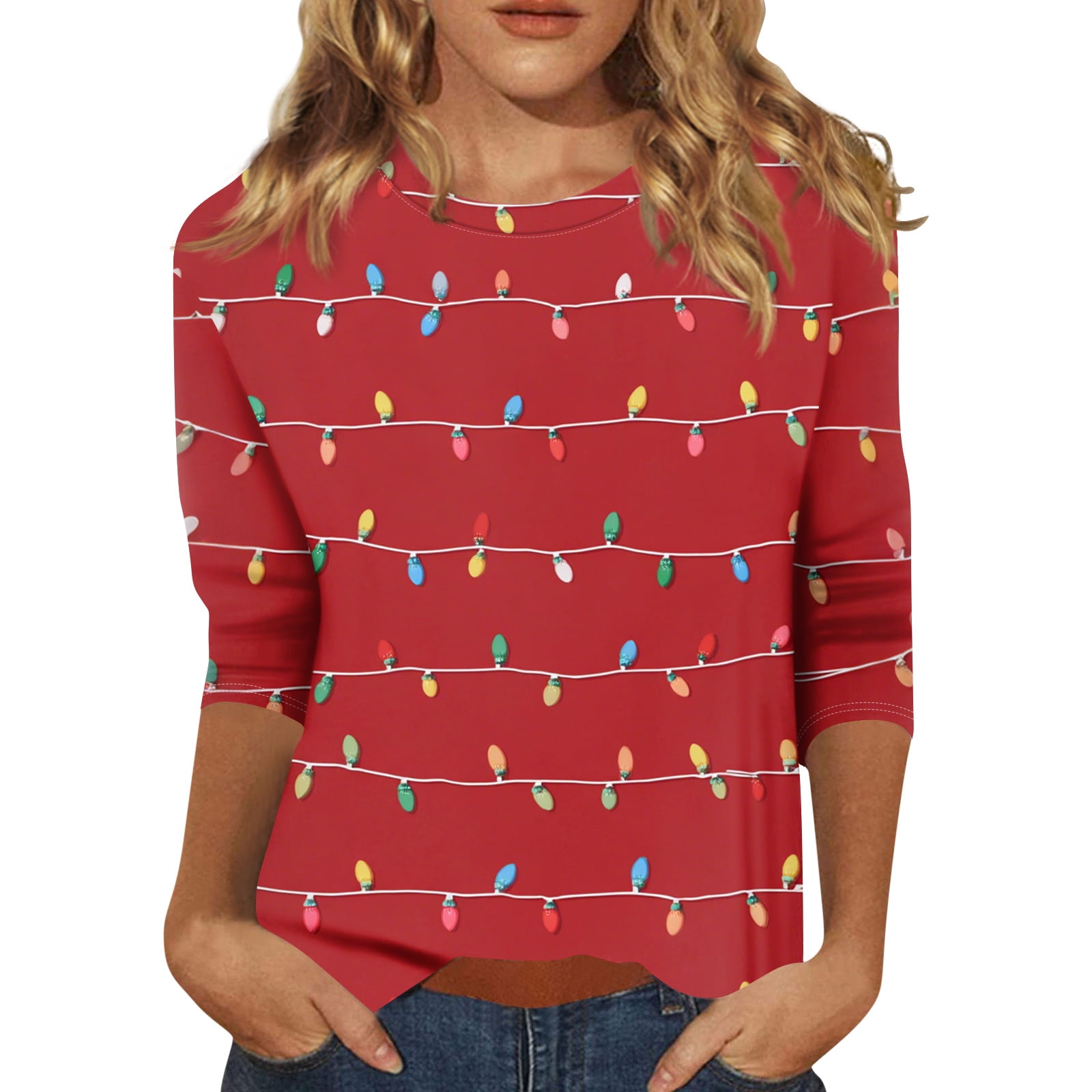 Womens Christmas Tops 3/4 Sleeve Crewneck Shirts for Women Xmas Tree ...