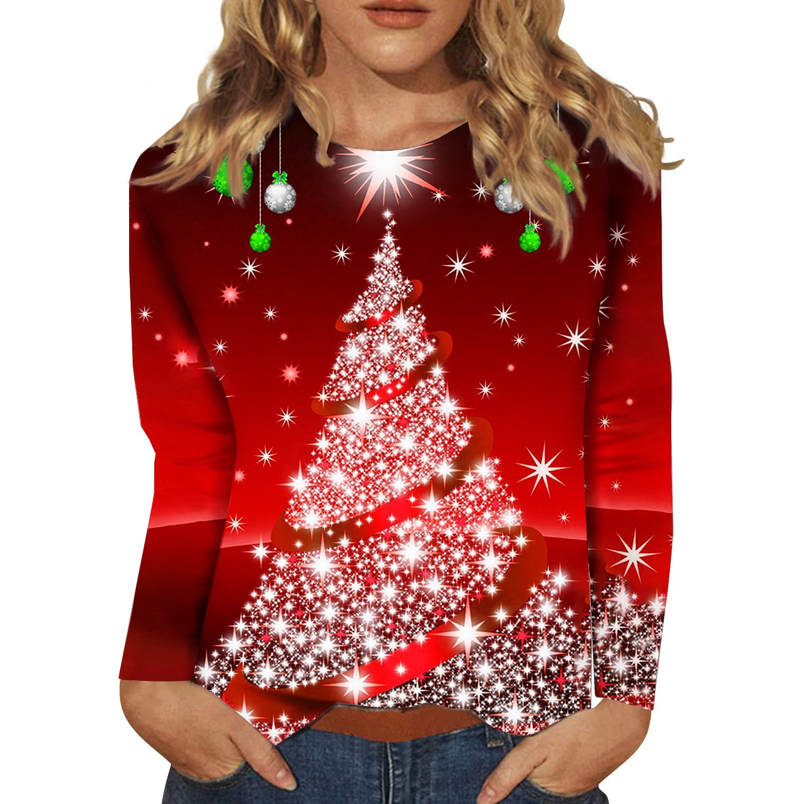 Womens Christmas Tops And Blouses Plus Size Winter Xmas Tree Santa Claus Print Tunic Women Tops