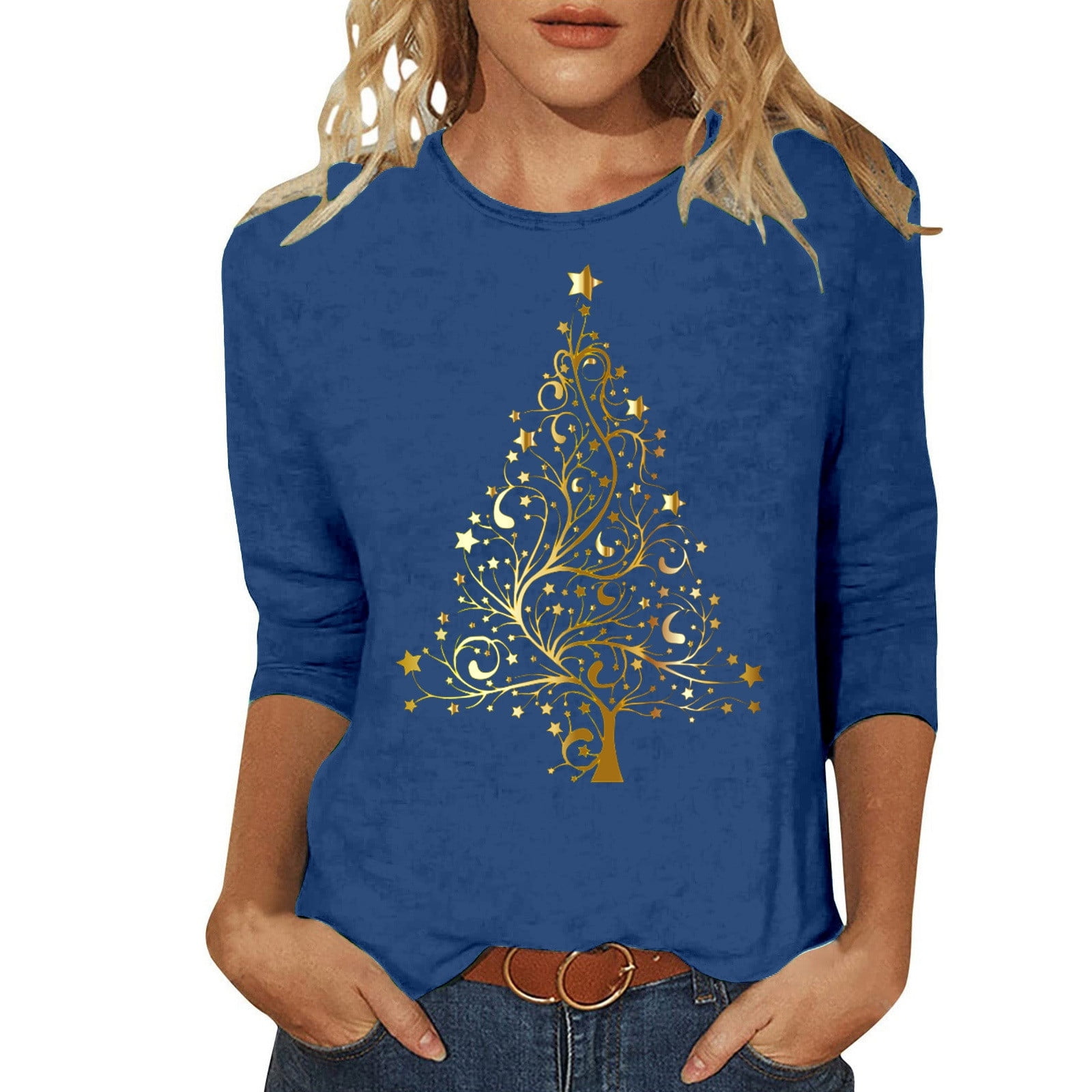 Womens Christmas Tops Shirts 3/4 Sleeve Christmas Tree Crewneck Santa ...