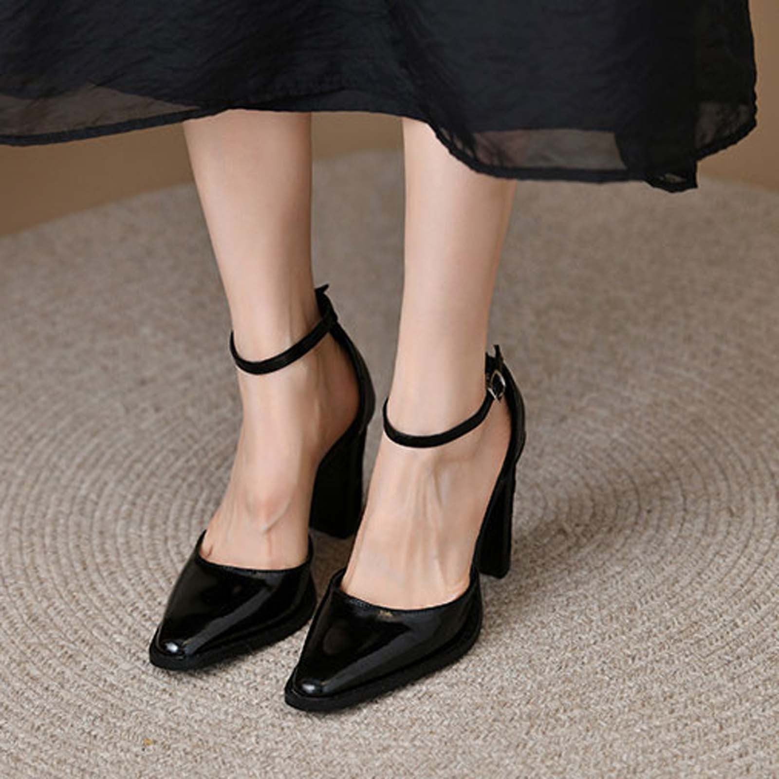 Womens Chunky High Heel Pointed Toe Pumps Casual Ankle Strap Closed Toe ...
