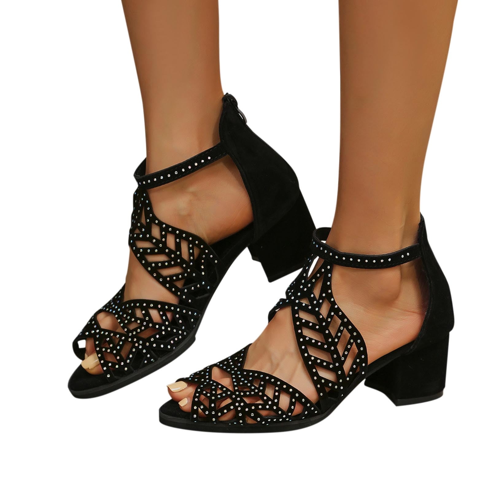 Womens Chunky Sandal Hollow Out Rhinestone Fish Mouth Thick Heeled High ...