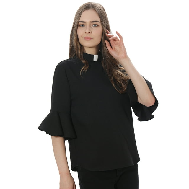 Womens Church Clergy Shirt Tab Collar 3/4 Ruffle Flare Sleeve Round ...