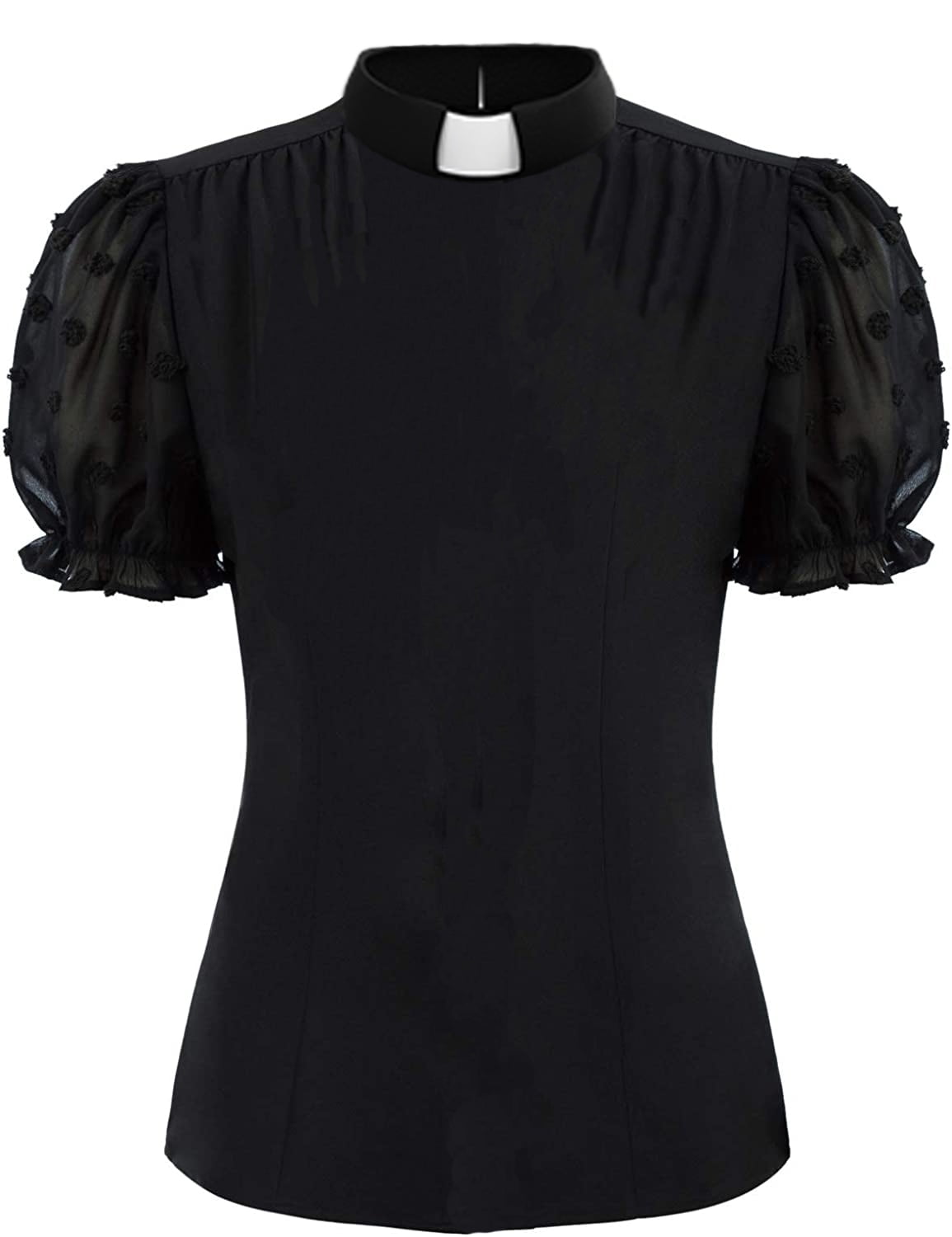 Womens Church Clergy Shirt Tab Collar Tulle Mesh Lantern Short Sleeves ...