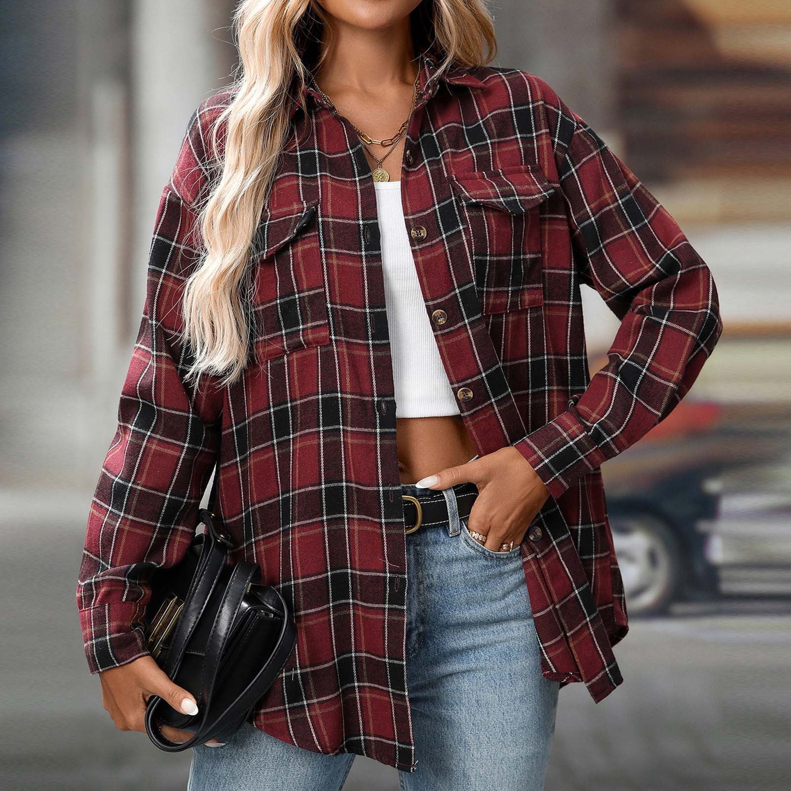 Womens Classic Plaid Shirt Jacket with Chest Pocket Lapel Collar Button ...