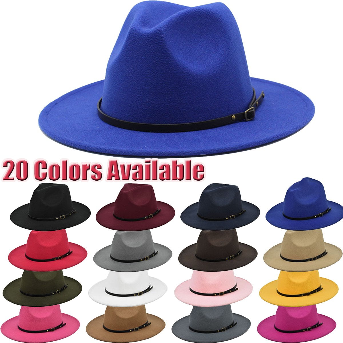 Womens Classic Wide Brim Fedora Hat Floppy Panama Hat with Belt Buckle ...