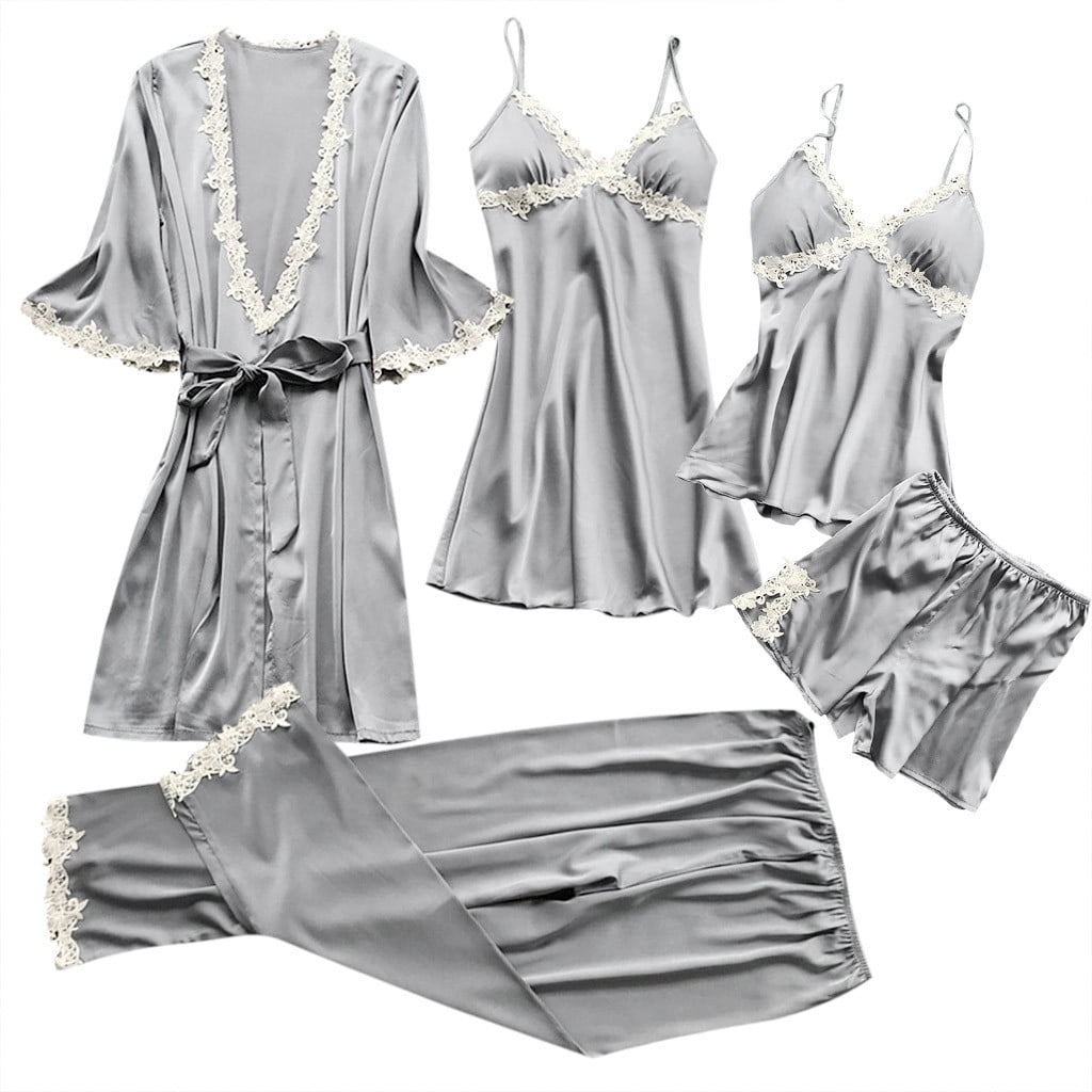 Womens2025ï¼ Women's 5 Piece Sleepwear Floral Satin Cami Pajama Set ...