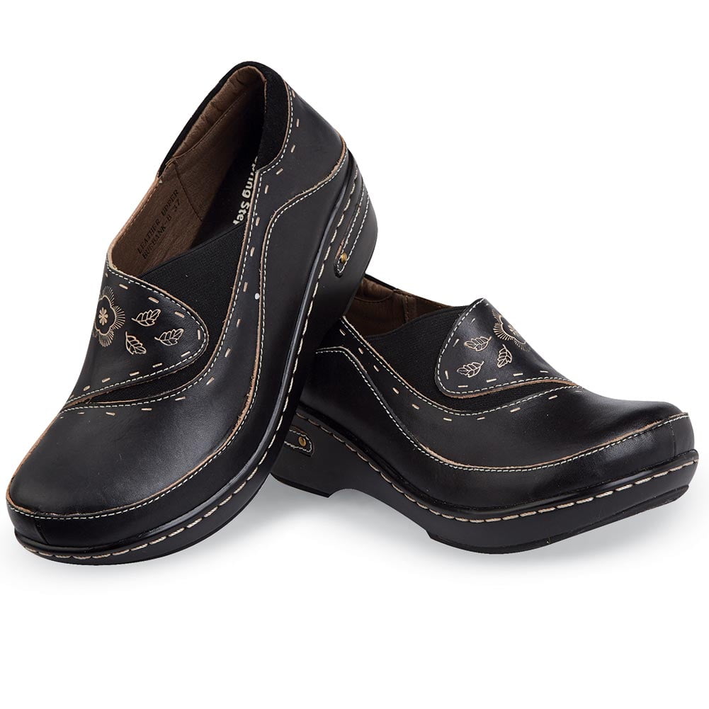 Free Shipping! Womens Closed-Back Hand-Painted Leather Clogs - Black ...