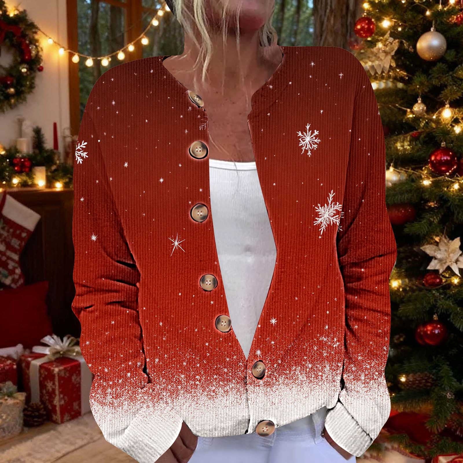 Womens Coats Merry Christmas Cardigan Long Sleeve Hollowed Out Print ...