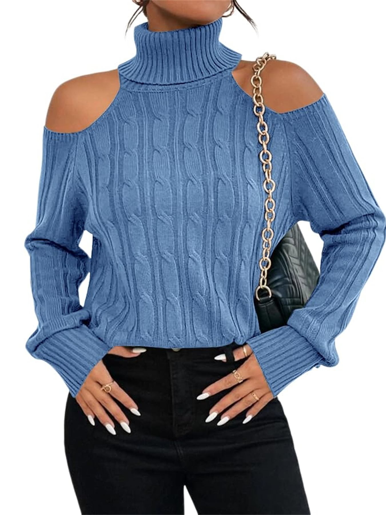 Womens Cold Shoulder Turtleneck Sweaters Fall Long Sleeve Soft Cable ...