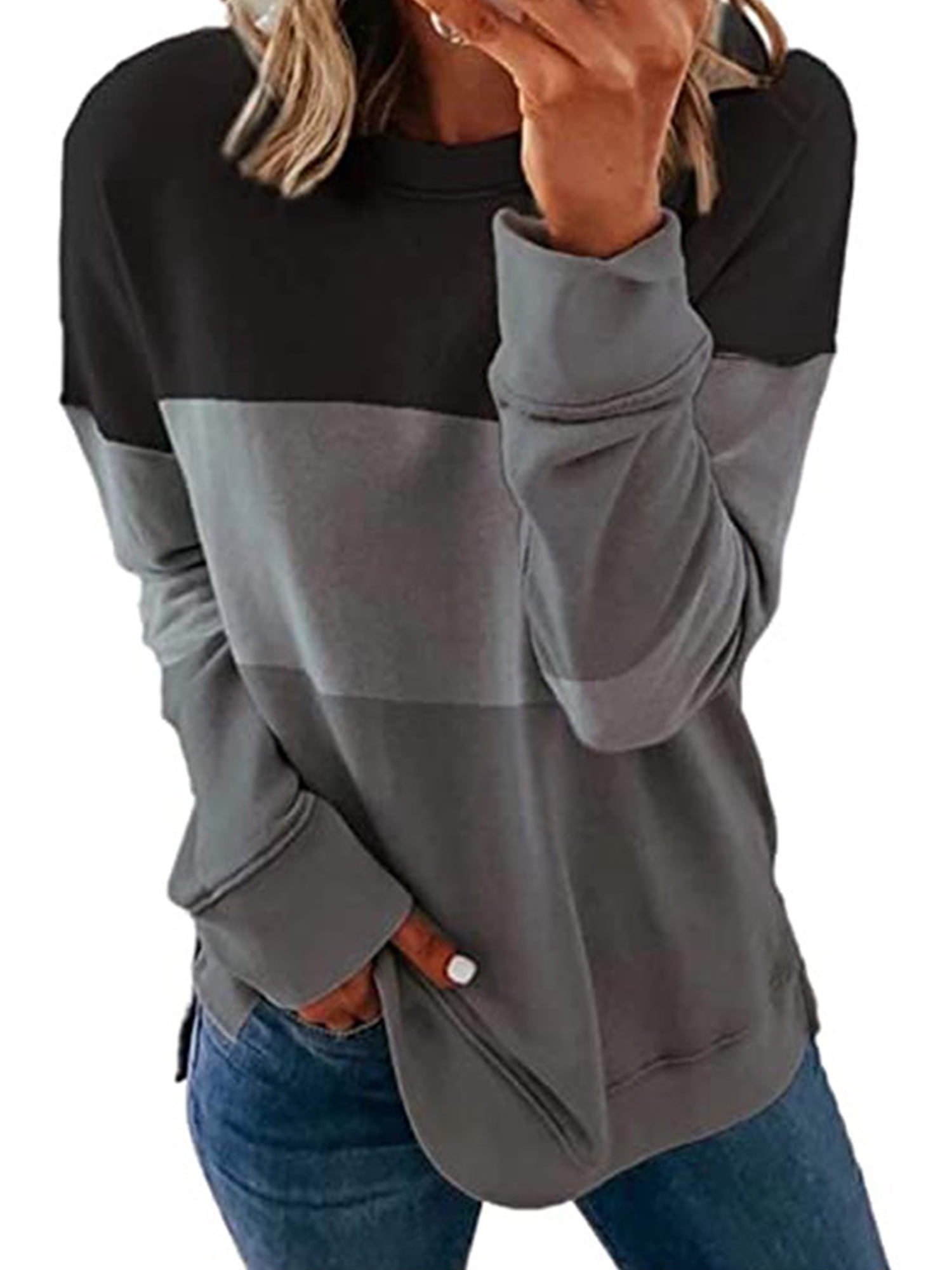 Womens Color Block Long Sleeve Shirt Pullover Round Neck Contrast ...