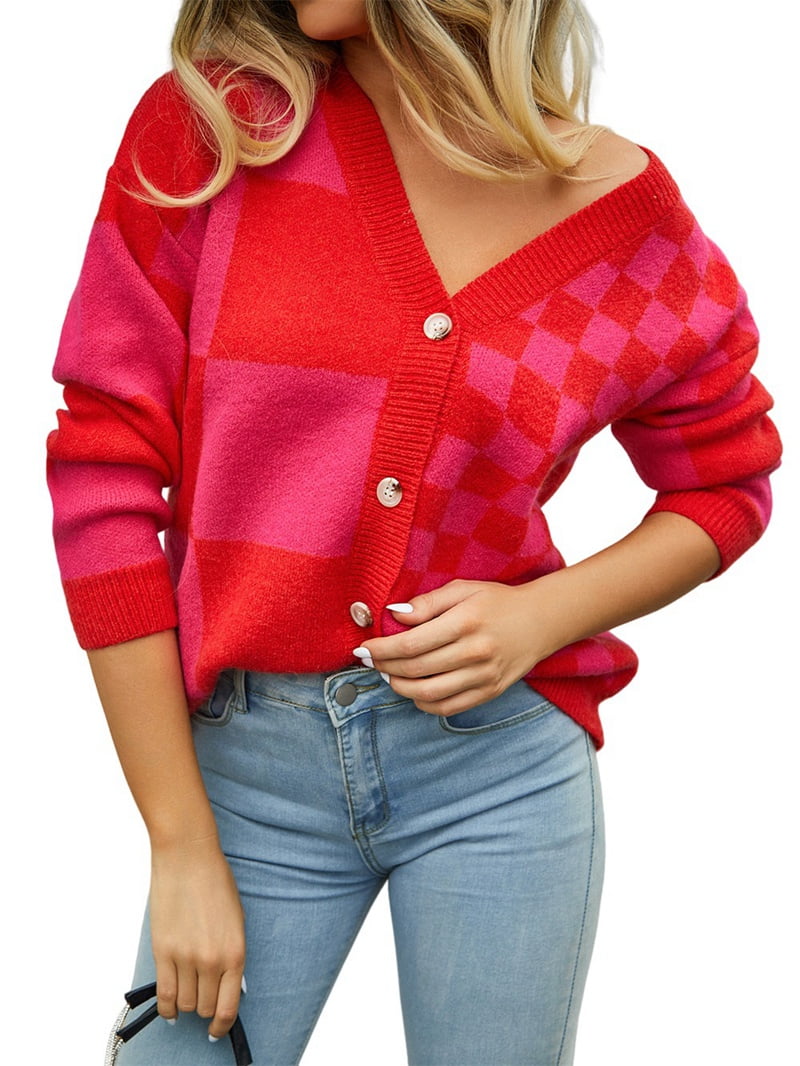 Womens Color Block Plaid Button Down Cardigan Long Sleeve Cable Knit ...