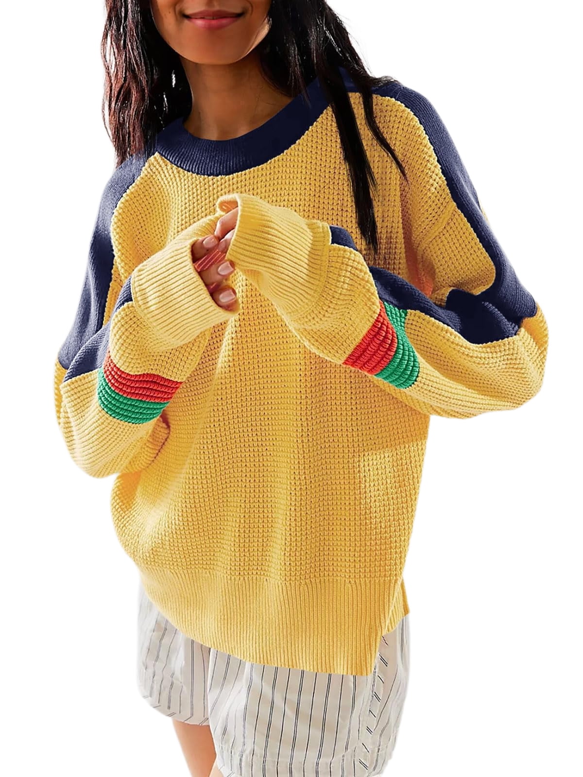 Womens Color Block Waffle Knit Sweaters Crewneck Long Sleeve Loose Fall ...