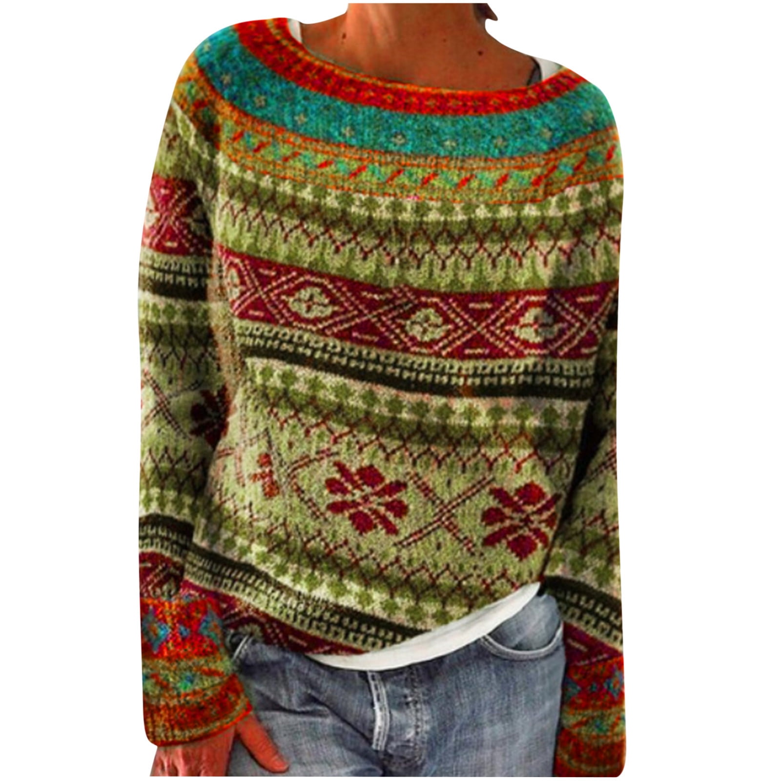 Womens Comfortable Sweaters Acrylic Knit Crewneck Pullover Tops Long ...