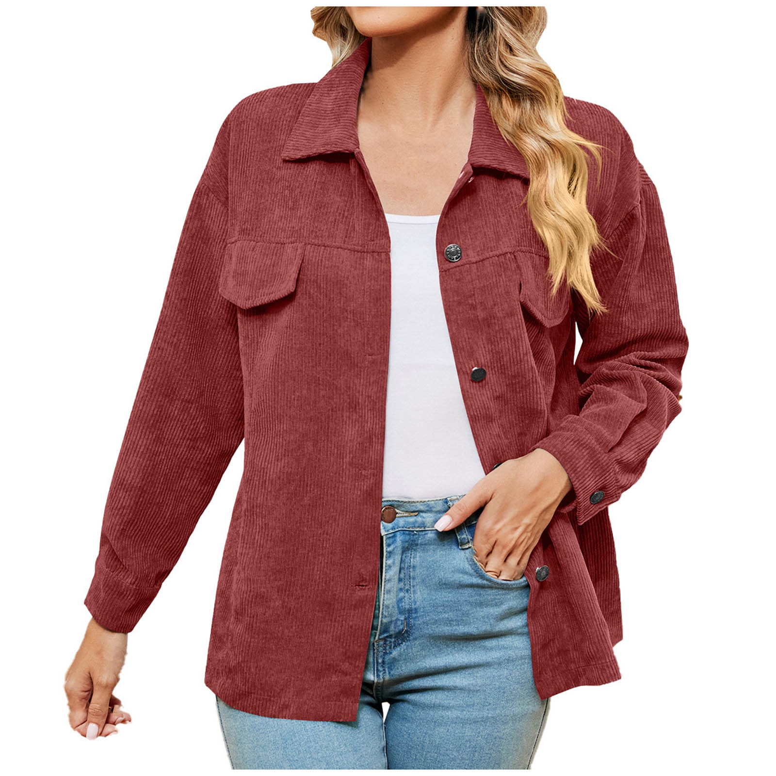 Womens Corduroy Oversized Shacket Button Down Boyfriend Shirt V Neck ...