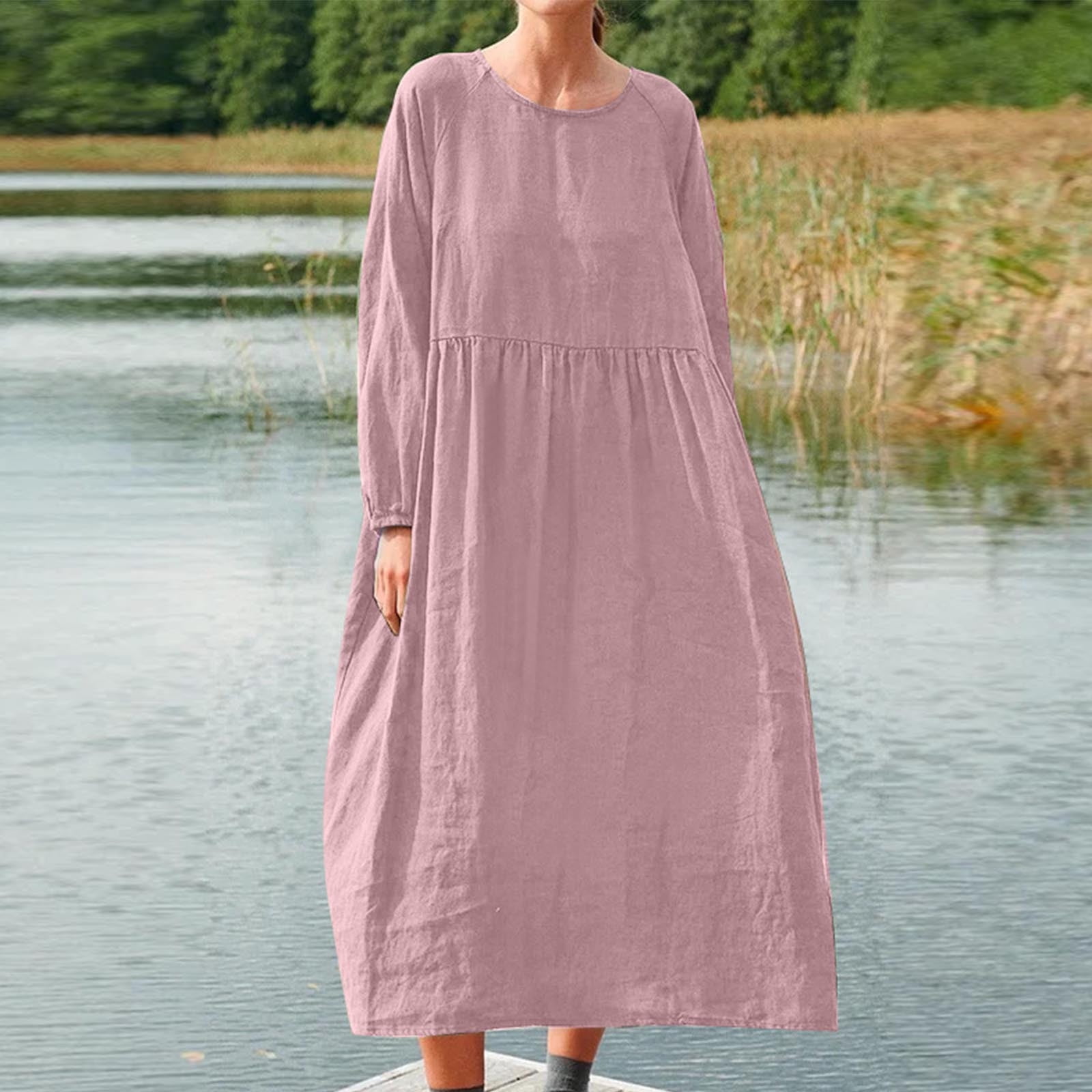 Womens Cotton Linen Dress Plus Size Long Sleeve V Neck Pleated Maxi Dress Fashion Loose Fit ...