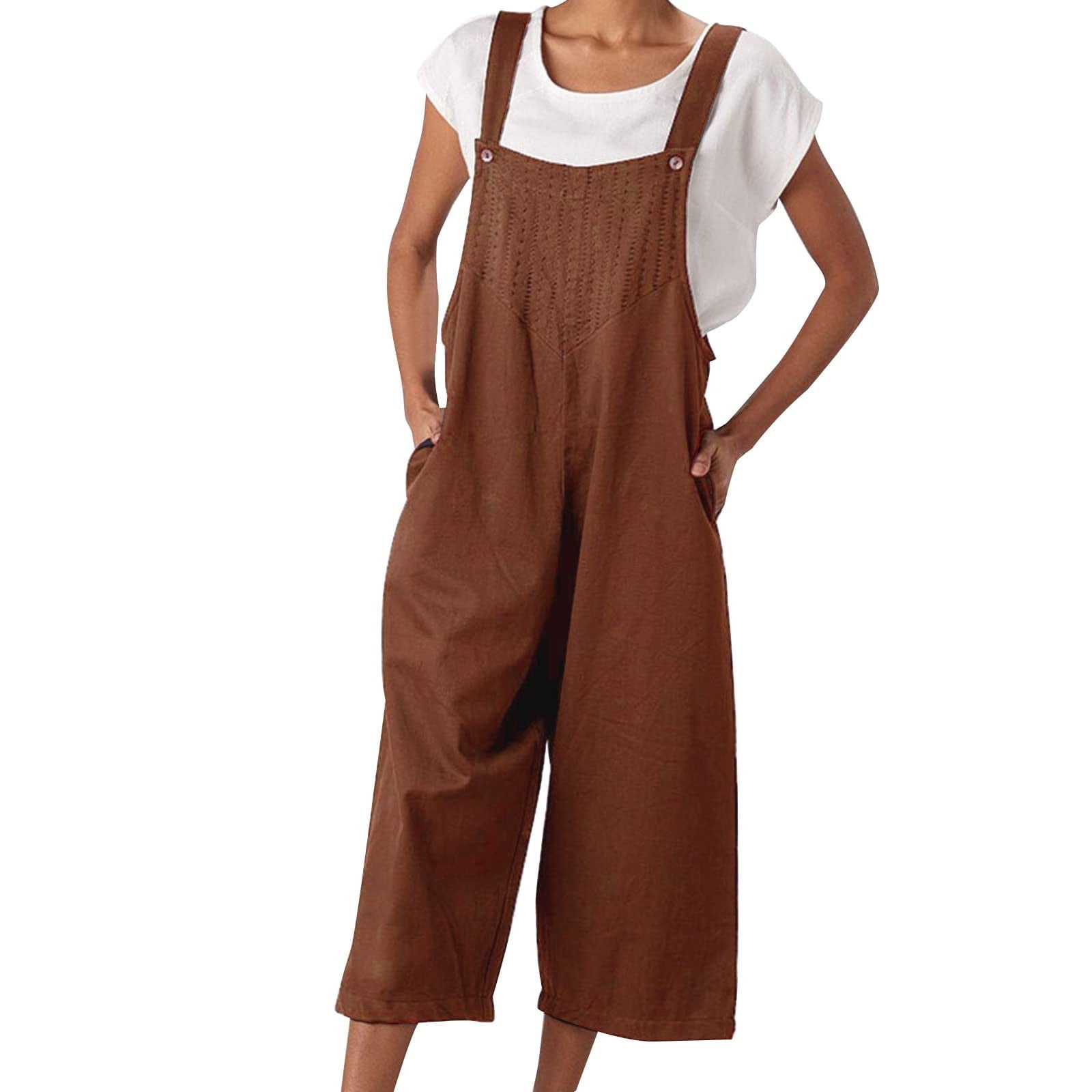 Womens Cotton Linen Overalls Jumpsuits Sleeveless Cropped Wide Leg ...